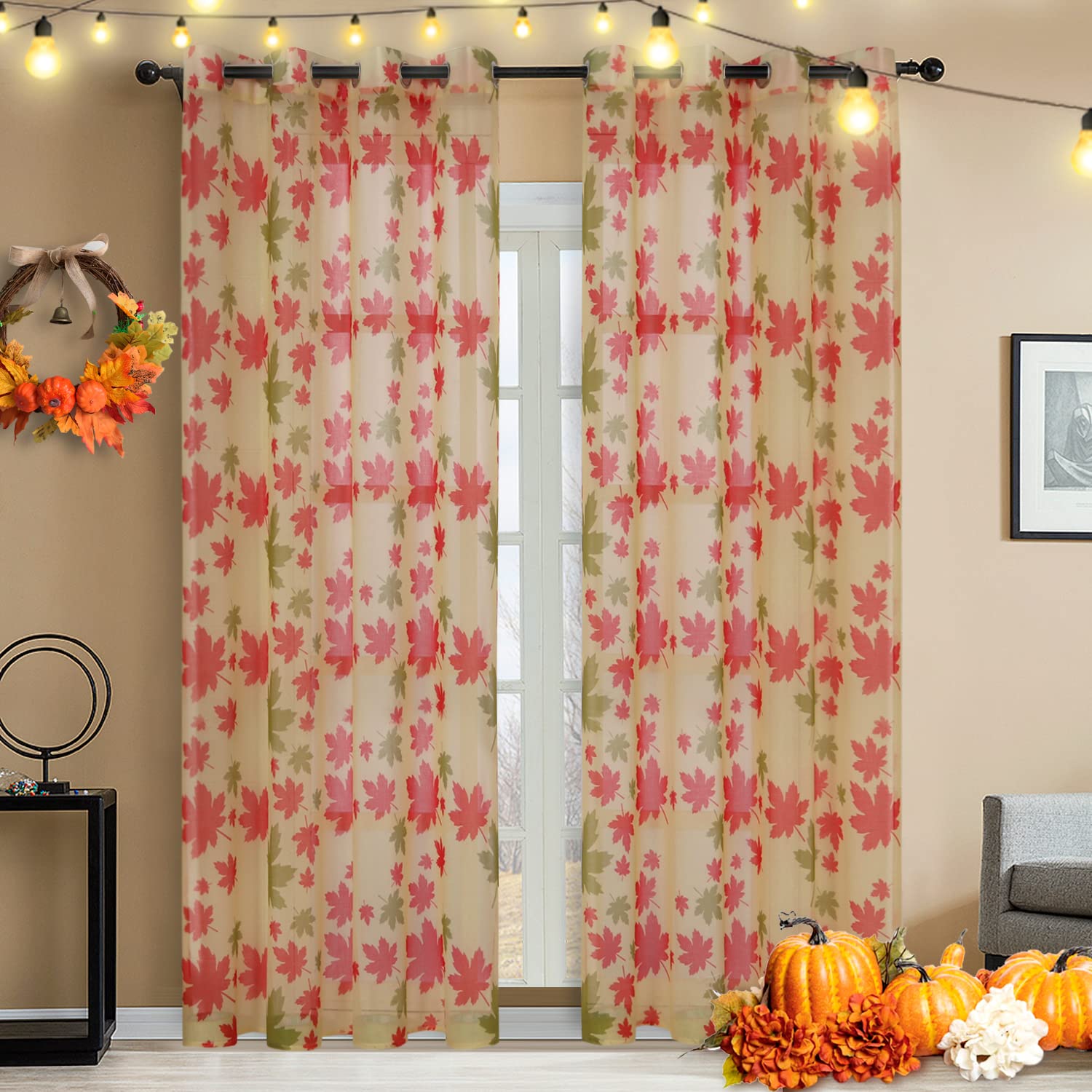 SARAFLORA 2 Panels Fall Sheer Curtains for Living Room Grommet ...