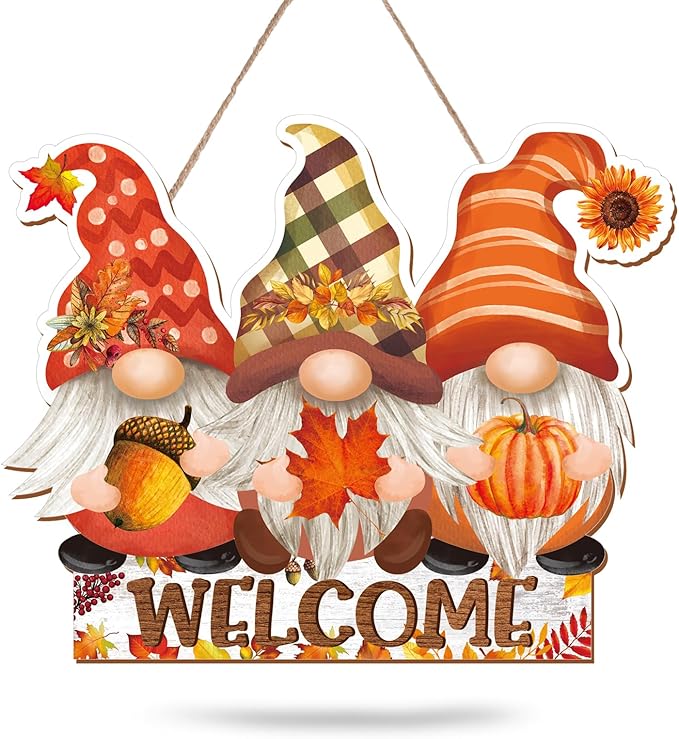 Amazon.com: Whaline Fall Wooden Welcome Sign Gnomes Fall Hanging Sign ...