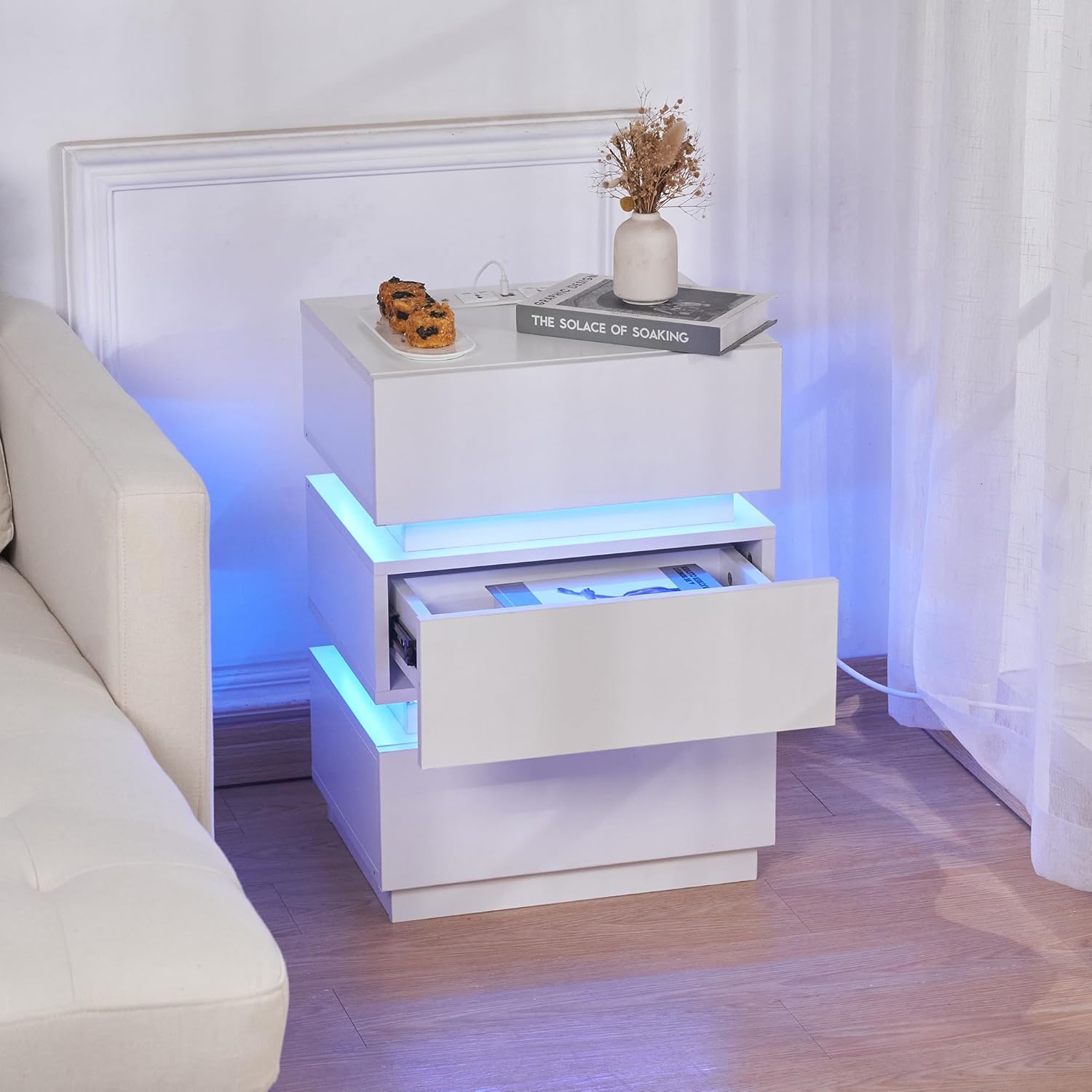 Lvhecforhm Table de Chevet LED, Blanc Table de Chevet Avec Station de ...