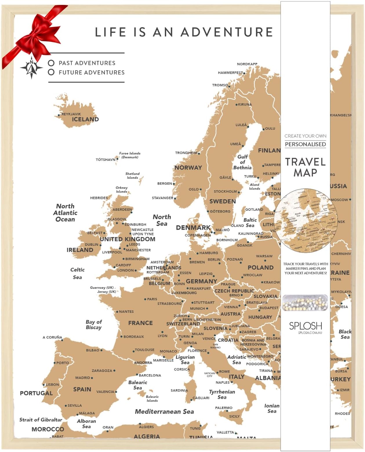 Splosh Travel Map - XL Desk World Map Pin Board in Grey, Wooden Frame ...