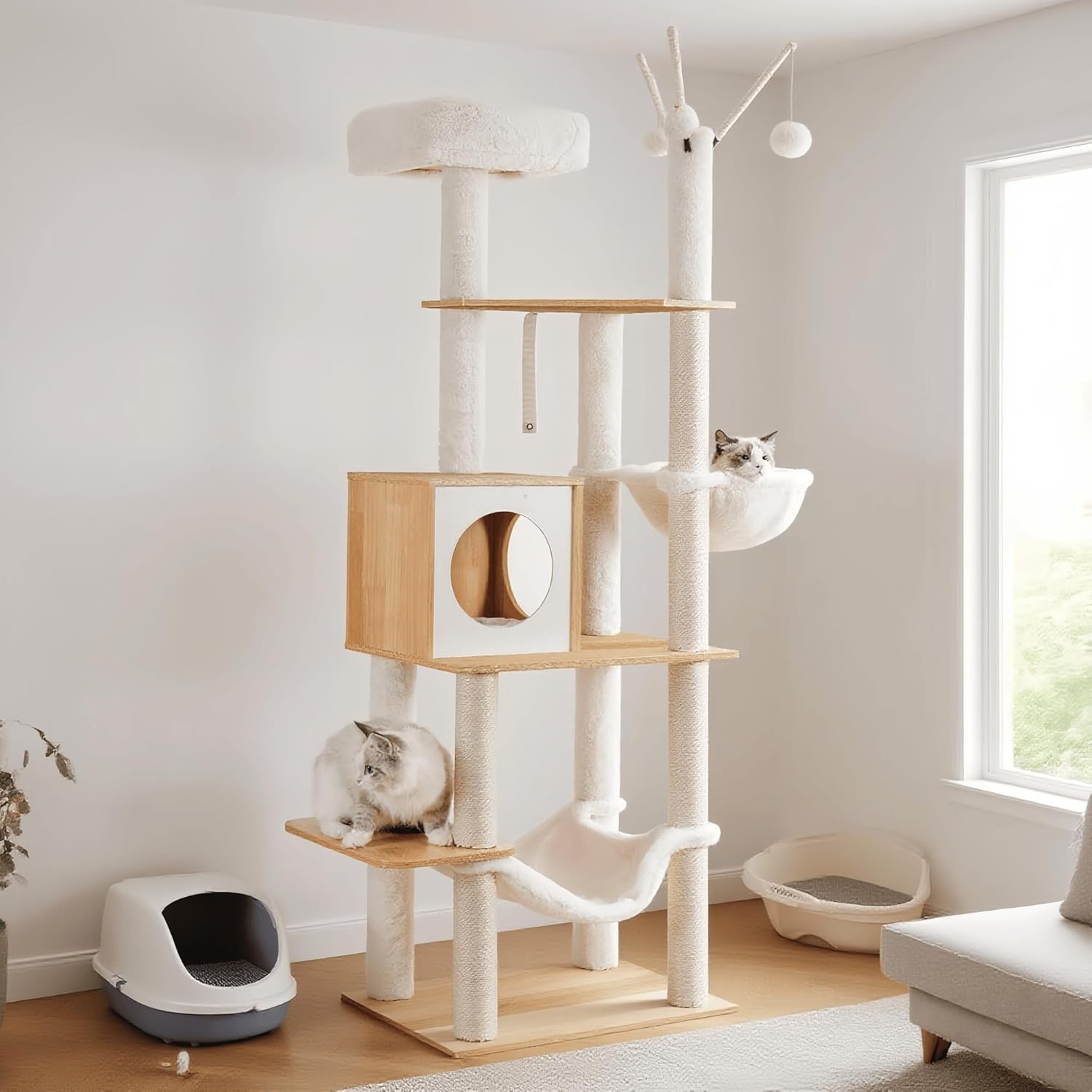 Hey-brother Wooden Cat Tree, 170cm Cat Furniture with Scratching Posts ...