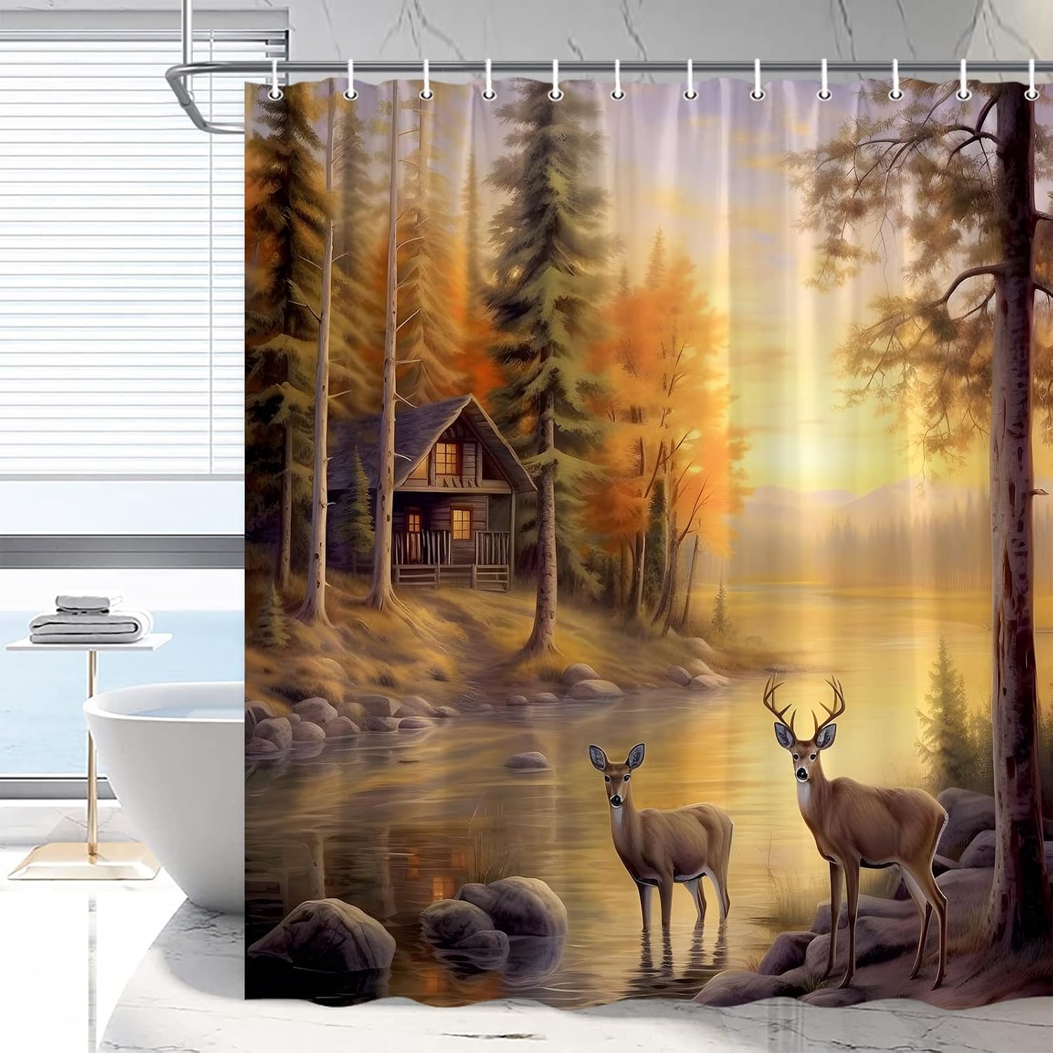 Amazon.com: RDRUVA Cabin Deer Forest Shower Curtain Cartoon Landscape ...
