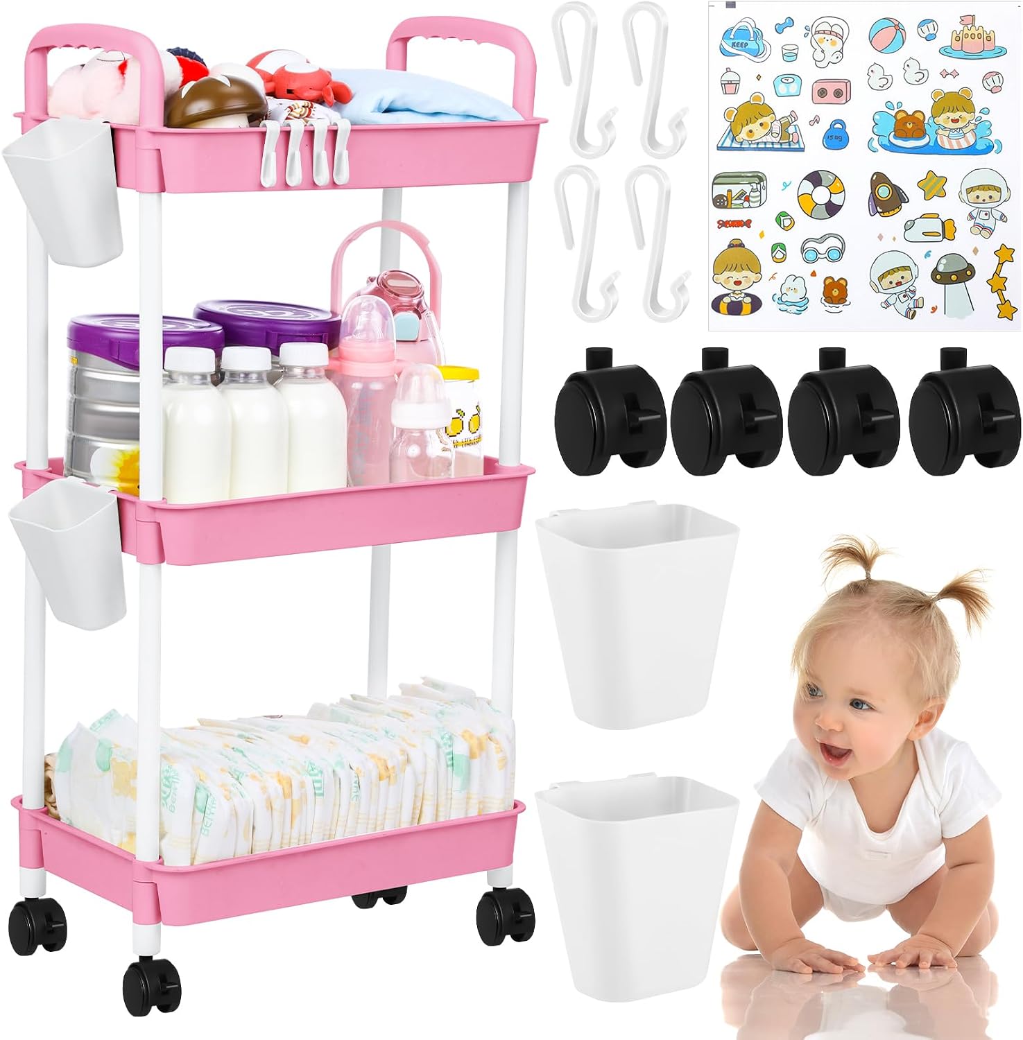 Amazon.com: Ripeng 3 Tier Diaper Caddy Movable Baby Diaper Cart Storage ...
