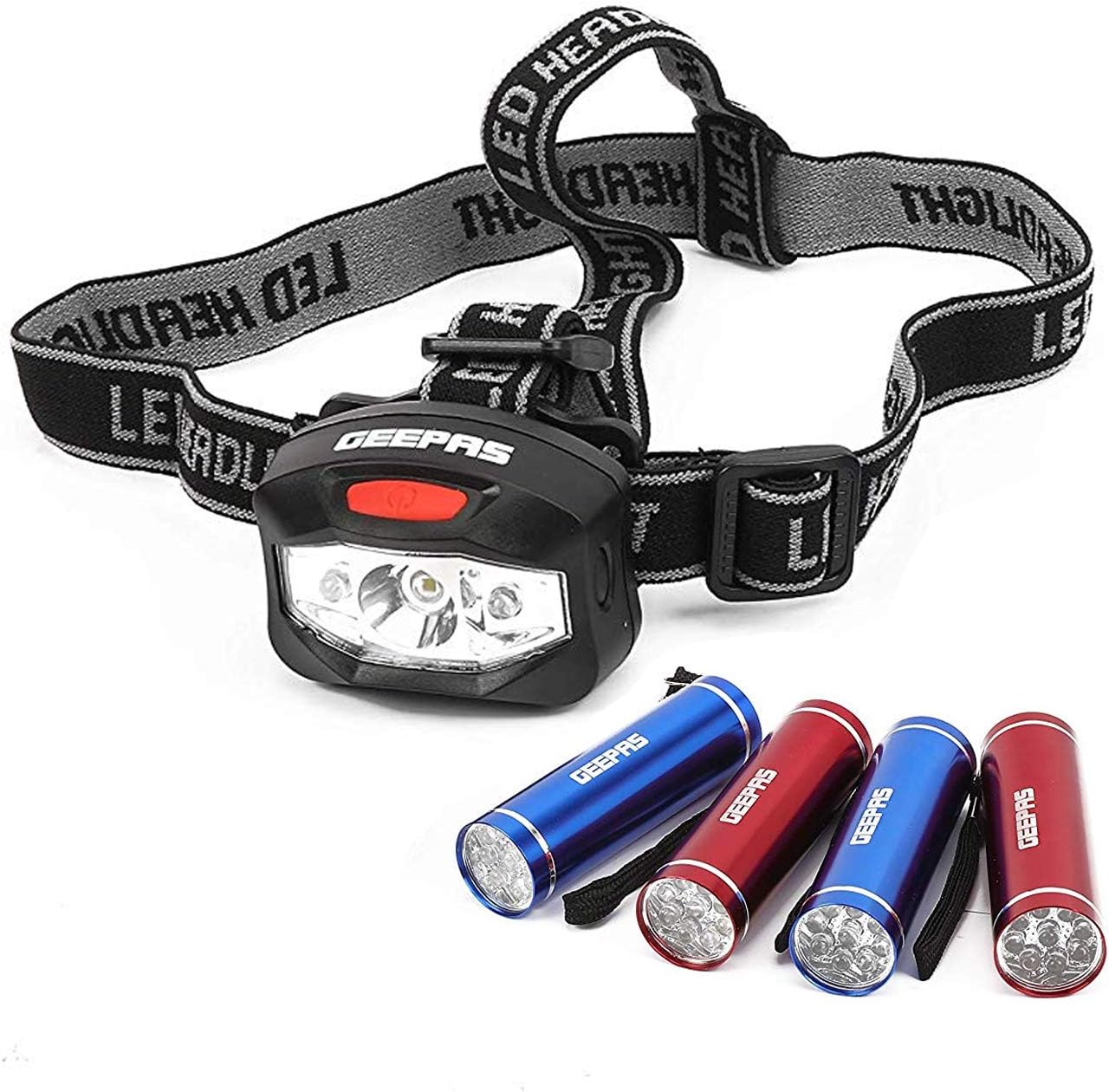 Geepas 2-LED + 3W LED Headlight & 4pc 9-LED Aluminum Flashlights Set ...