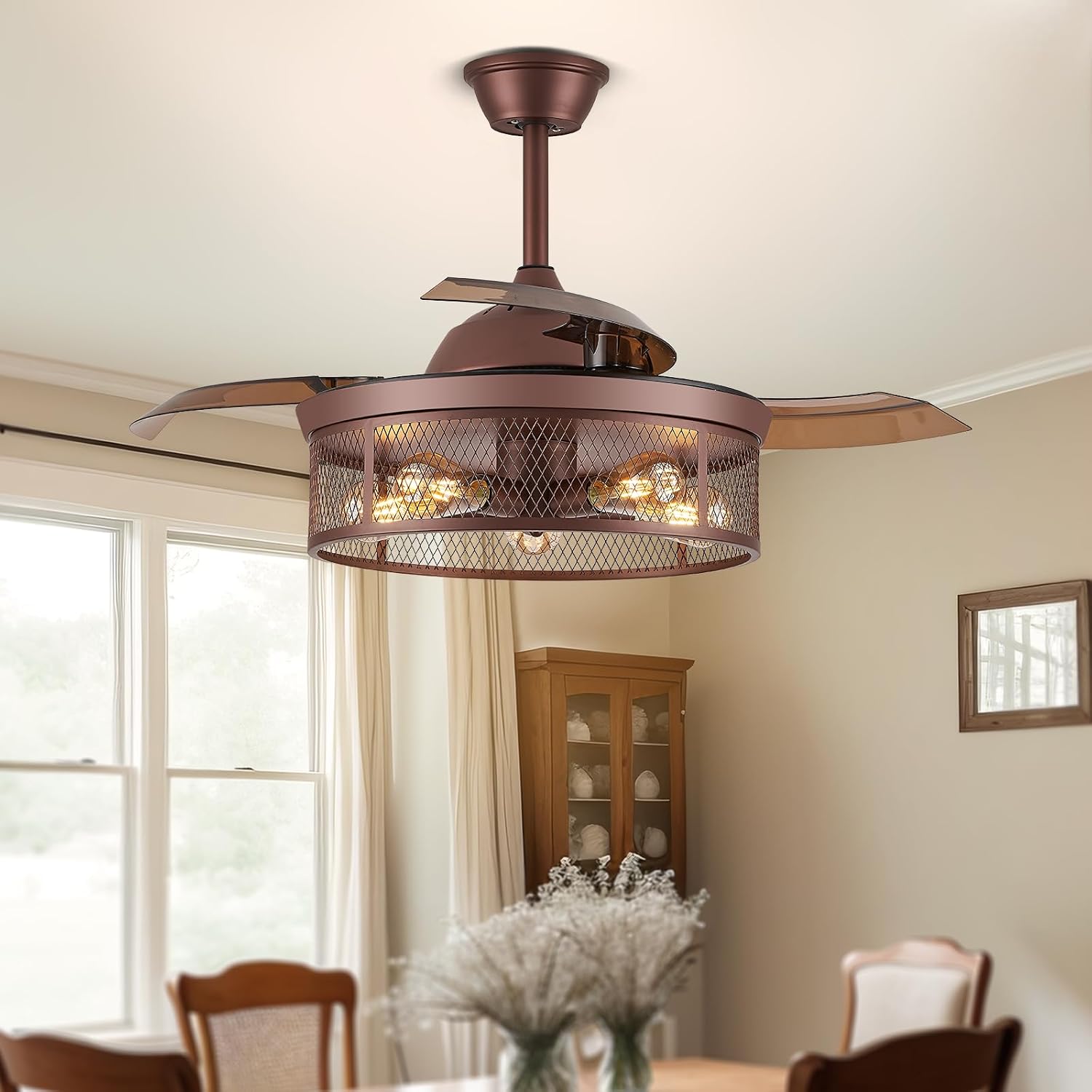 Caged Farmhouse Ceiling Fan with Light, 42'' Retractable Ceiling Fans ...