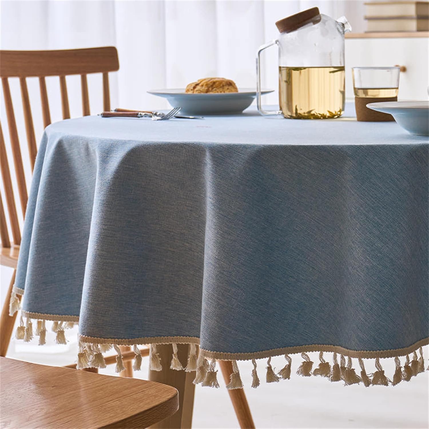 Amazon.com: Dimatic Linen Textured Round Tablecloth with Tassel ...