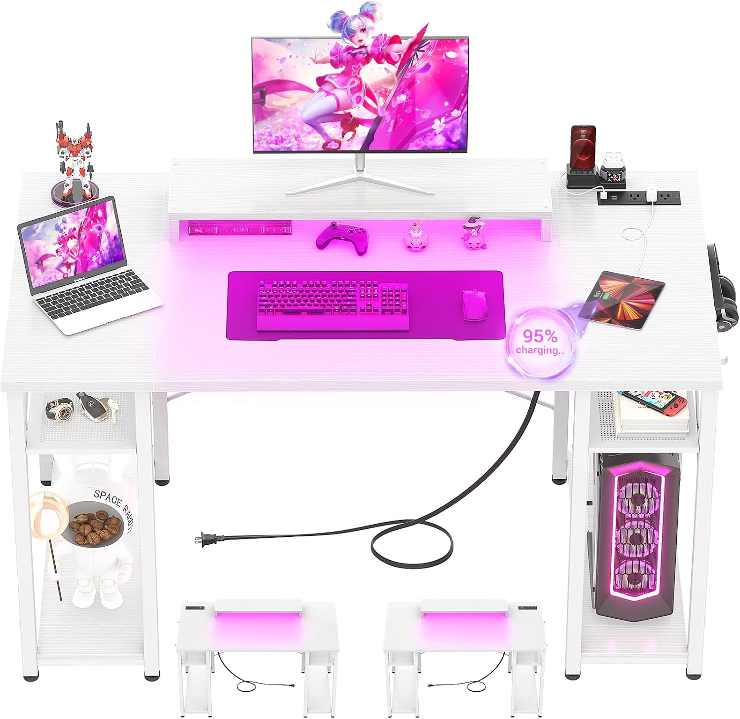 armocity Computer Desk with LED Lights, 48 Inch Reversible Large Desk ...