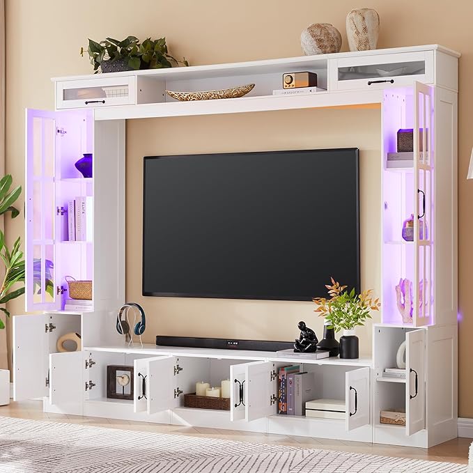 Amazon.com: LUXOAK 98 Inch Wall Unit Entertainment Center with LED ...