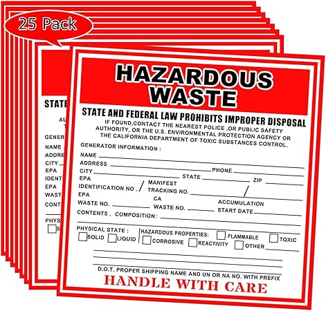 Amazon.com : 25 Pack Hazardous Waste Label 6 x 6 Inch - Large Hazard ...
