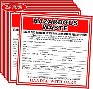 Amazon.com : 25 Pack Hazardous Waste Label 6 x 6 Inch - Large Hazard ...