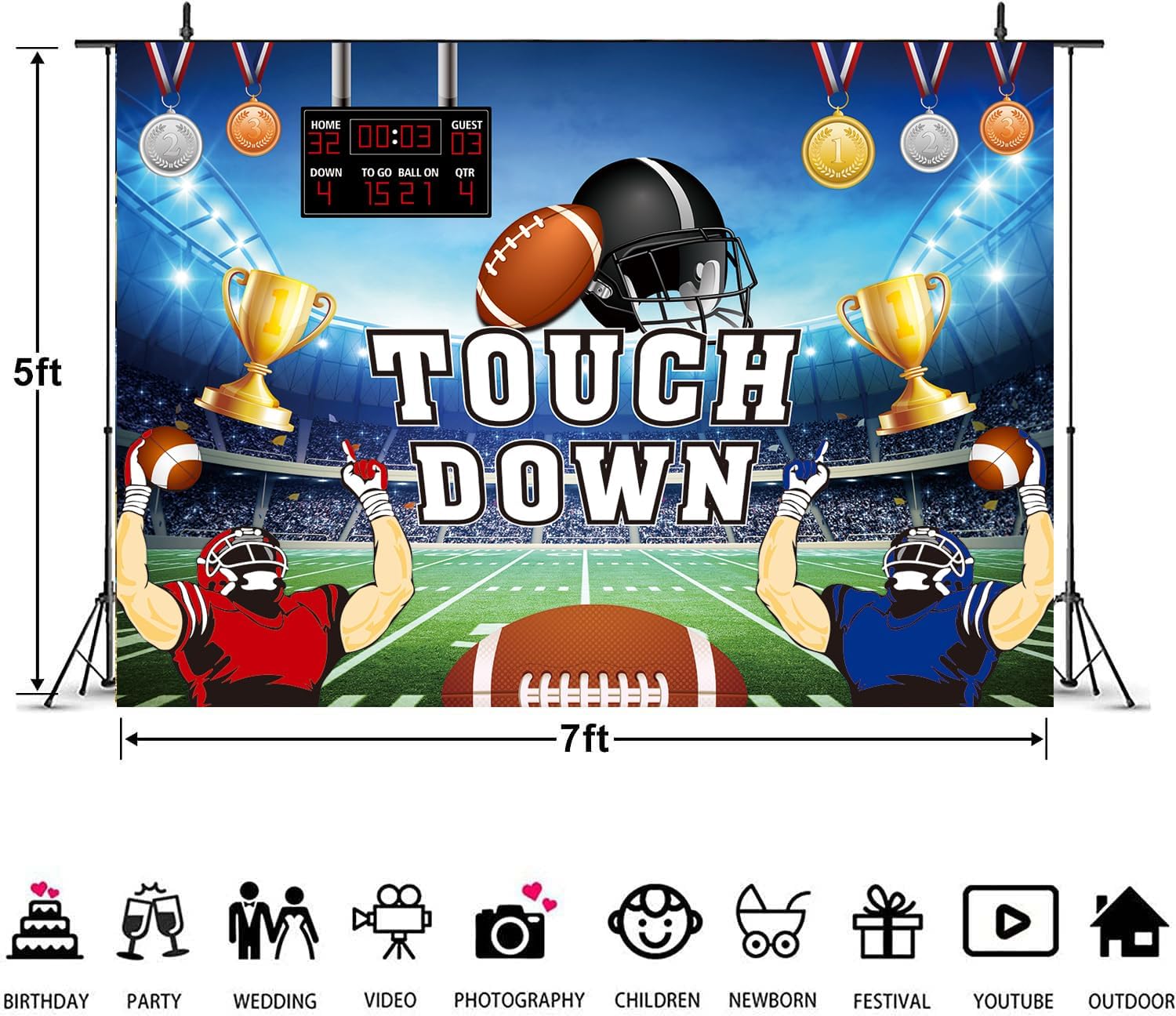Football Party Backdrop Touch Down Sports Match Medal Trophy Football ...
