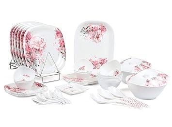 Golden Fish White Base Rose Printed Melamine Dinning/Dinner Set (40 ...