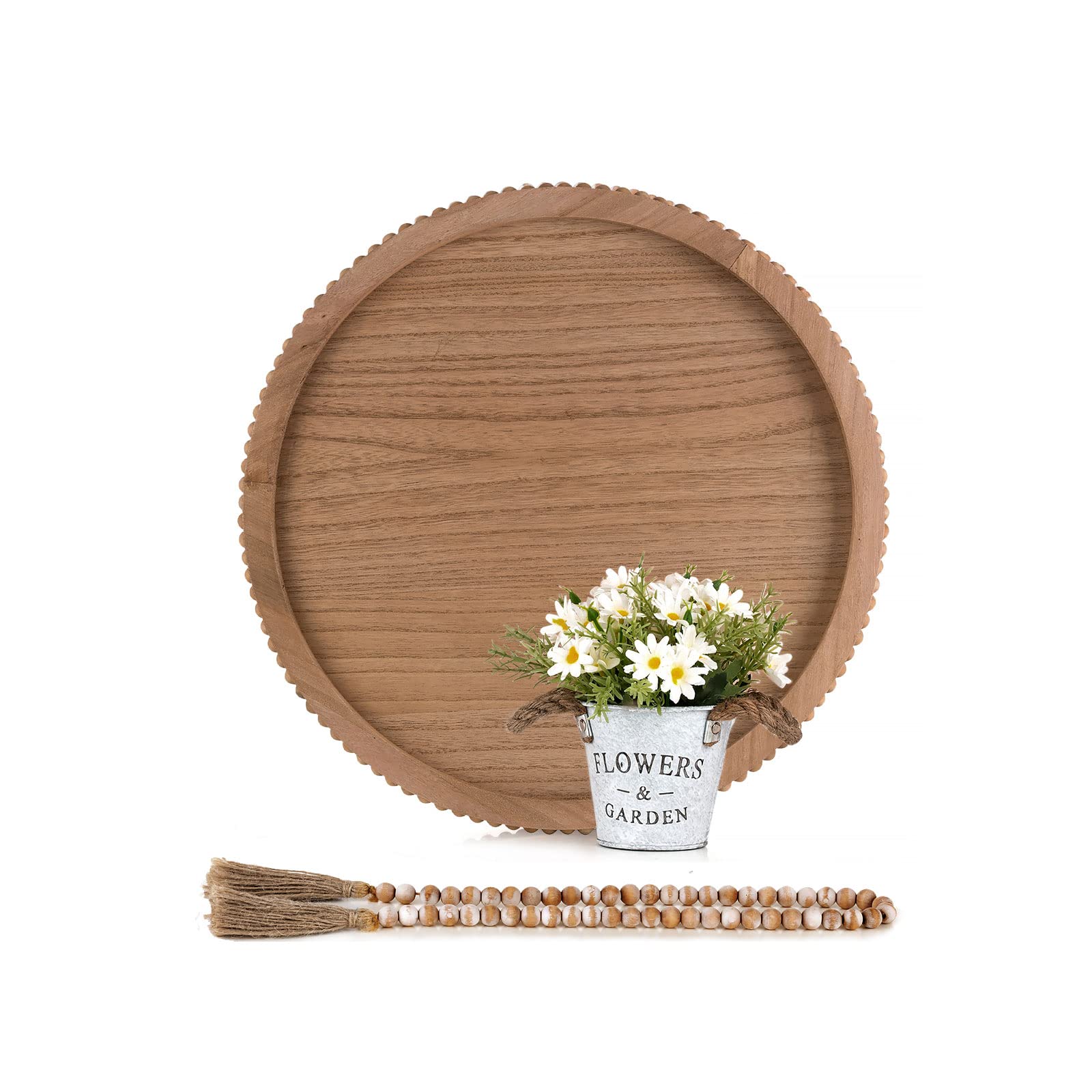 Hanobe Round Wooden Bead Tray: Coffee Table Tray with Wood Beaded ...