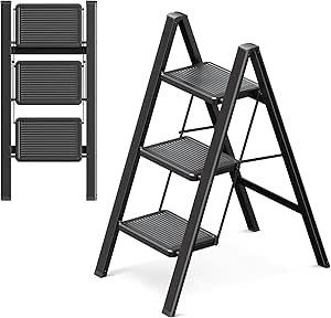 GameGem 3 Step Ladder, 3 Step Stool for Adults, Folding Step Ladder ...