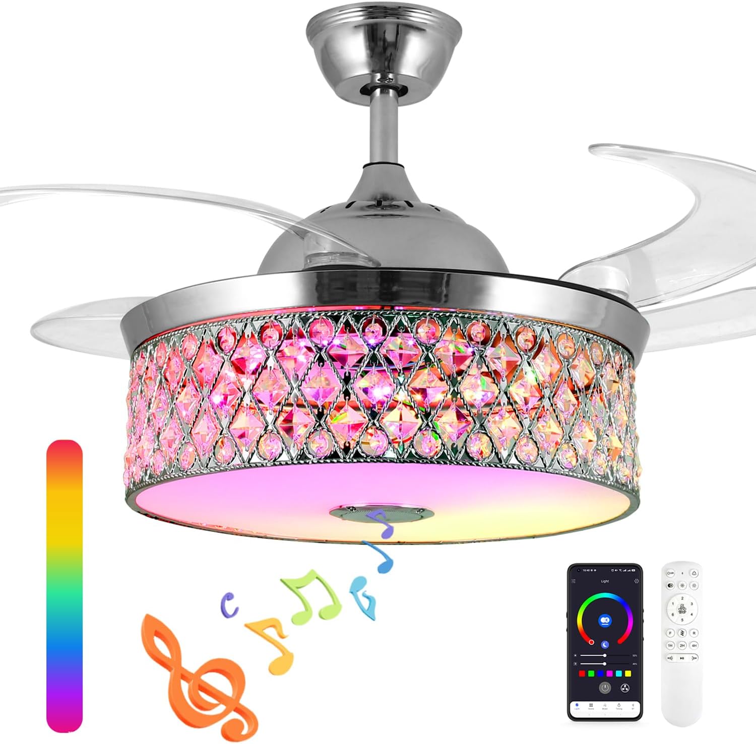 NUTCRUST Bluetooth Ceiling Fan with Light and Speaker, Retractable ...