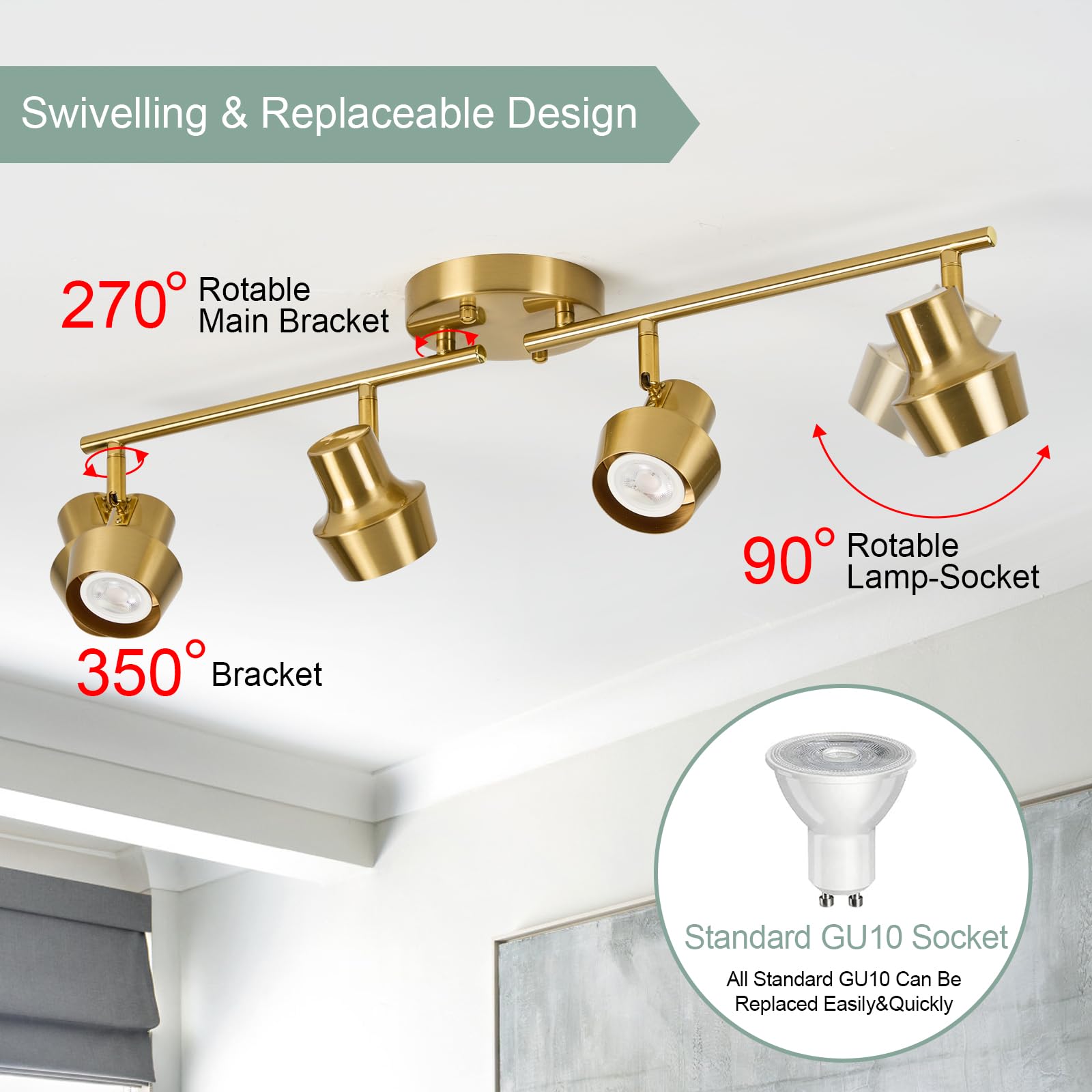 TeHenoo 4-Light LED Track Lighting,350 Rotable Track Heads, Foldable ...