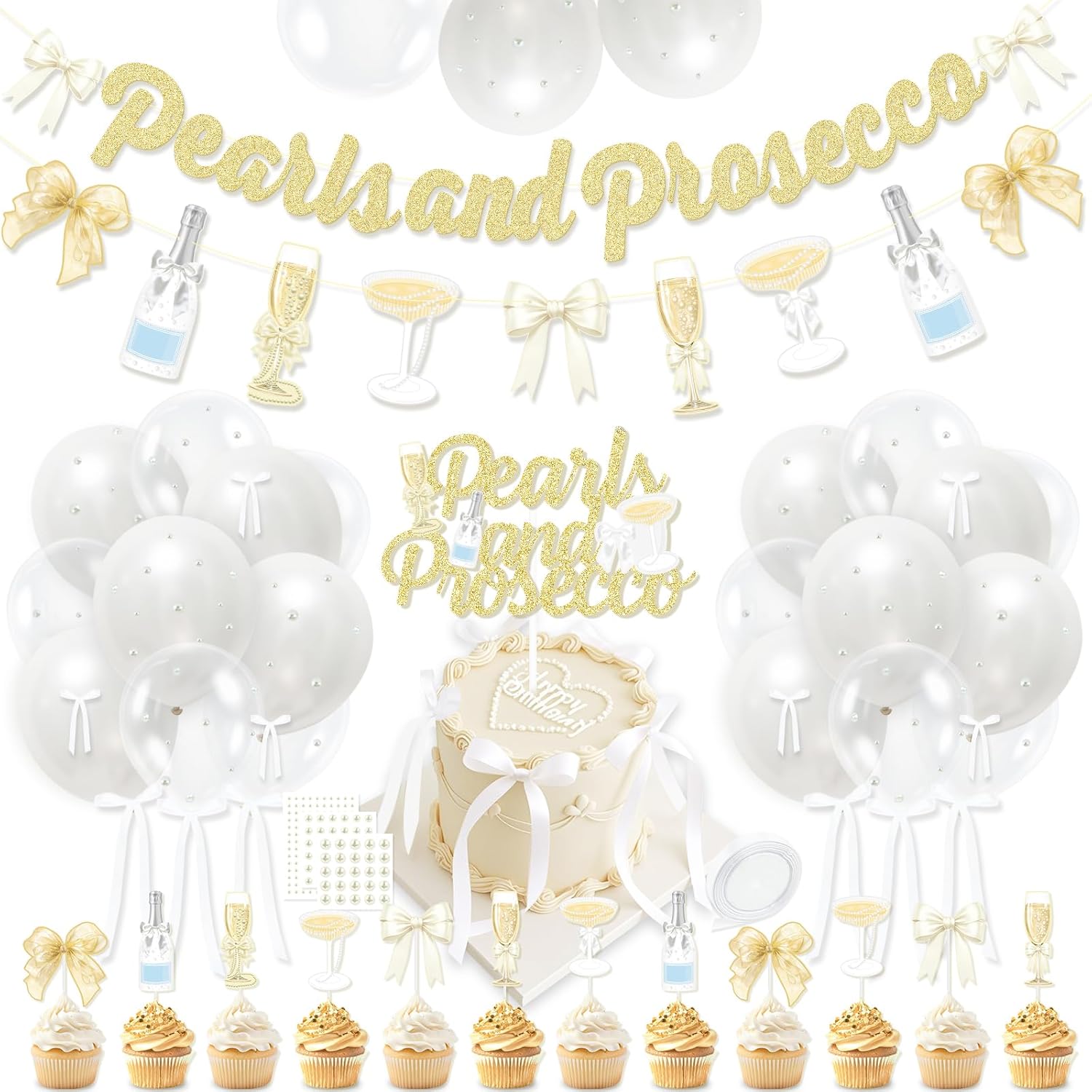 Amazon.com: Pearls and Prosecco Bridal Shower Decorations, Bow ...