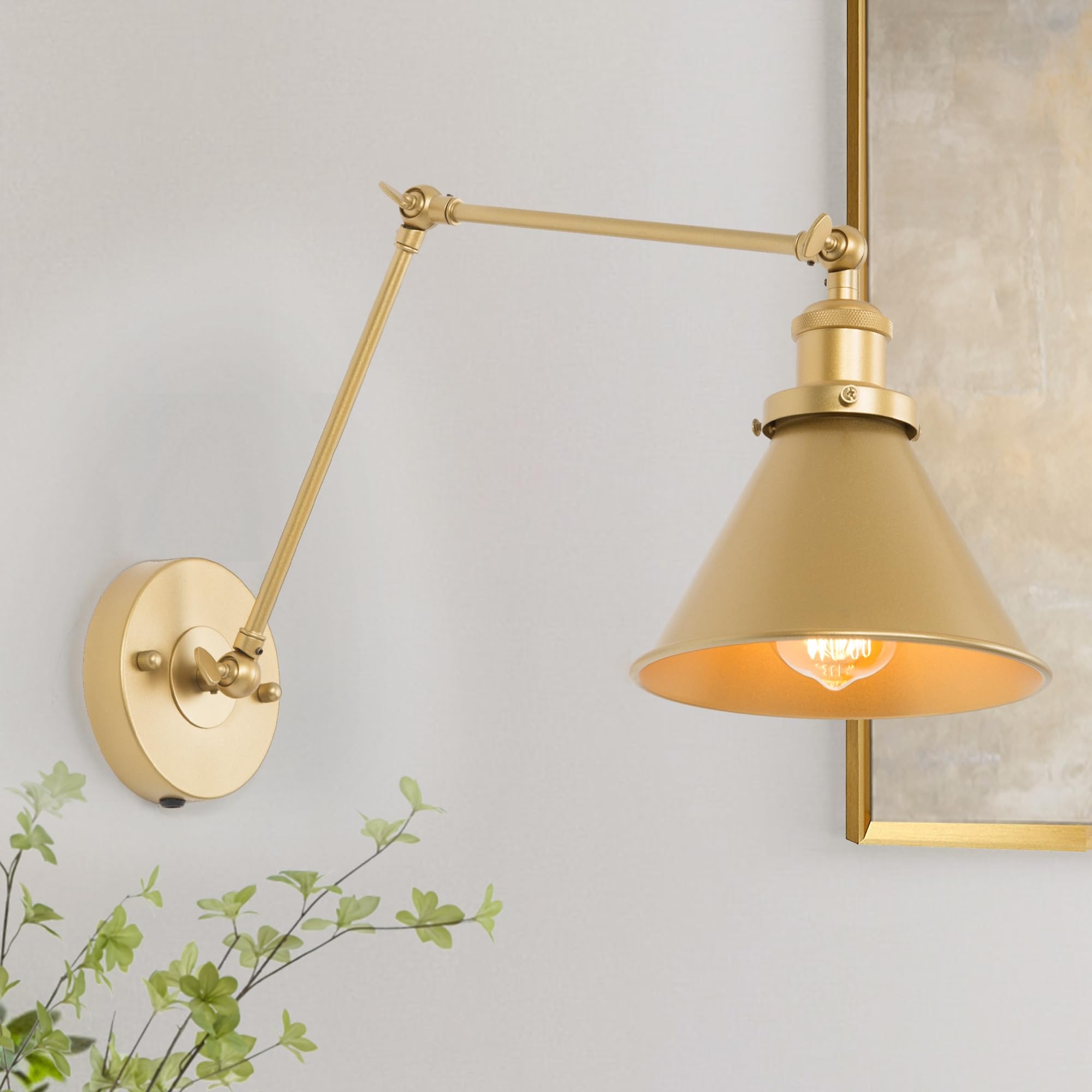 LALUZ Gold Wall Sconces Lighting, Modern Swing Arm Plug-in or Hardwired ...