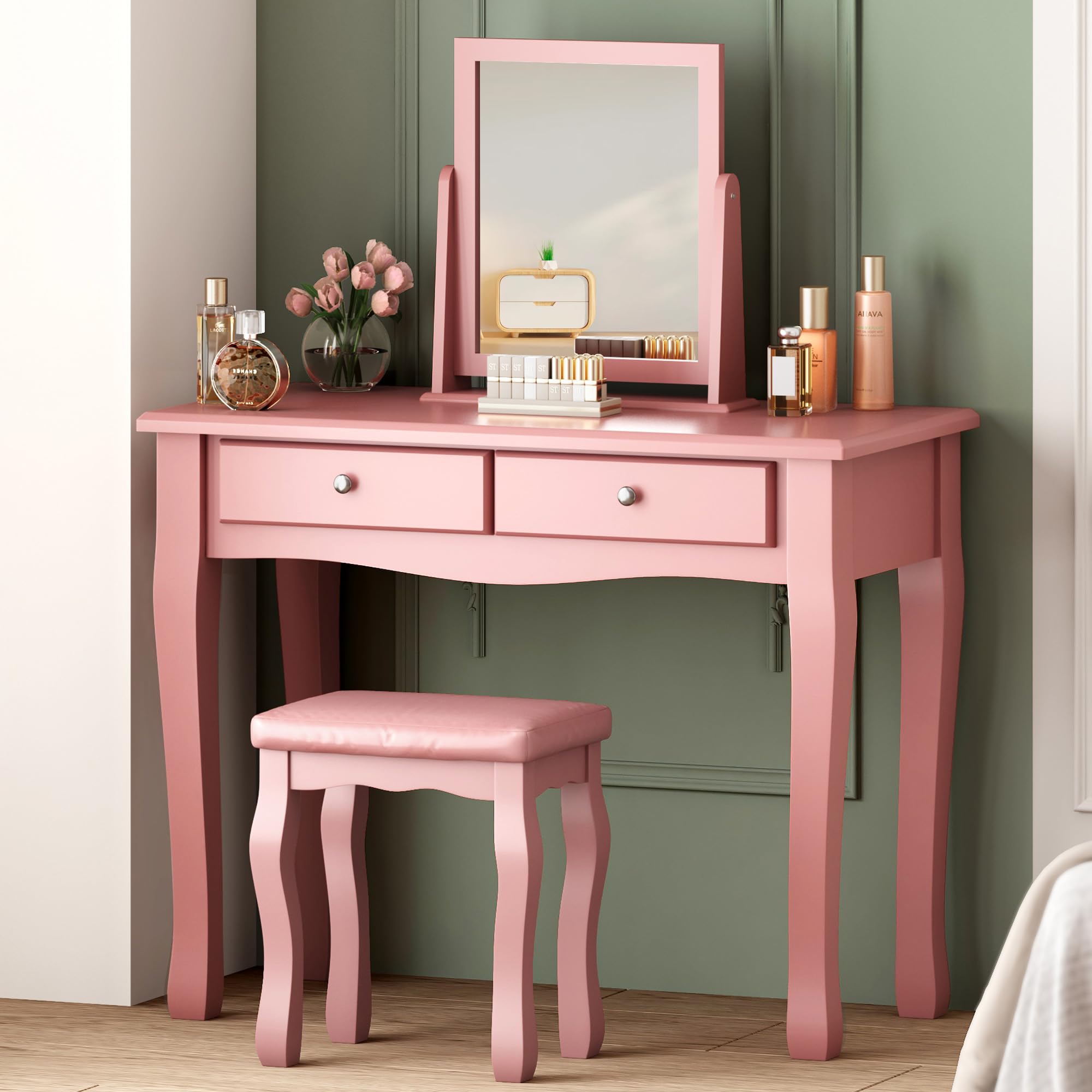 DlandHome Pink Vanity Table Set Makeup Table with Mirror and Stool ...