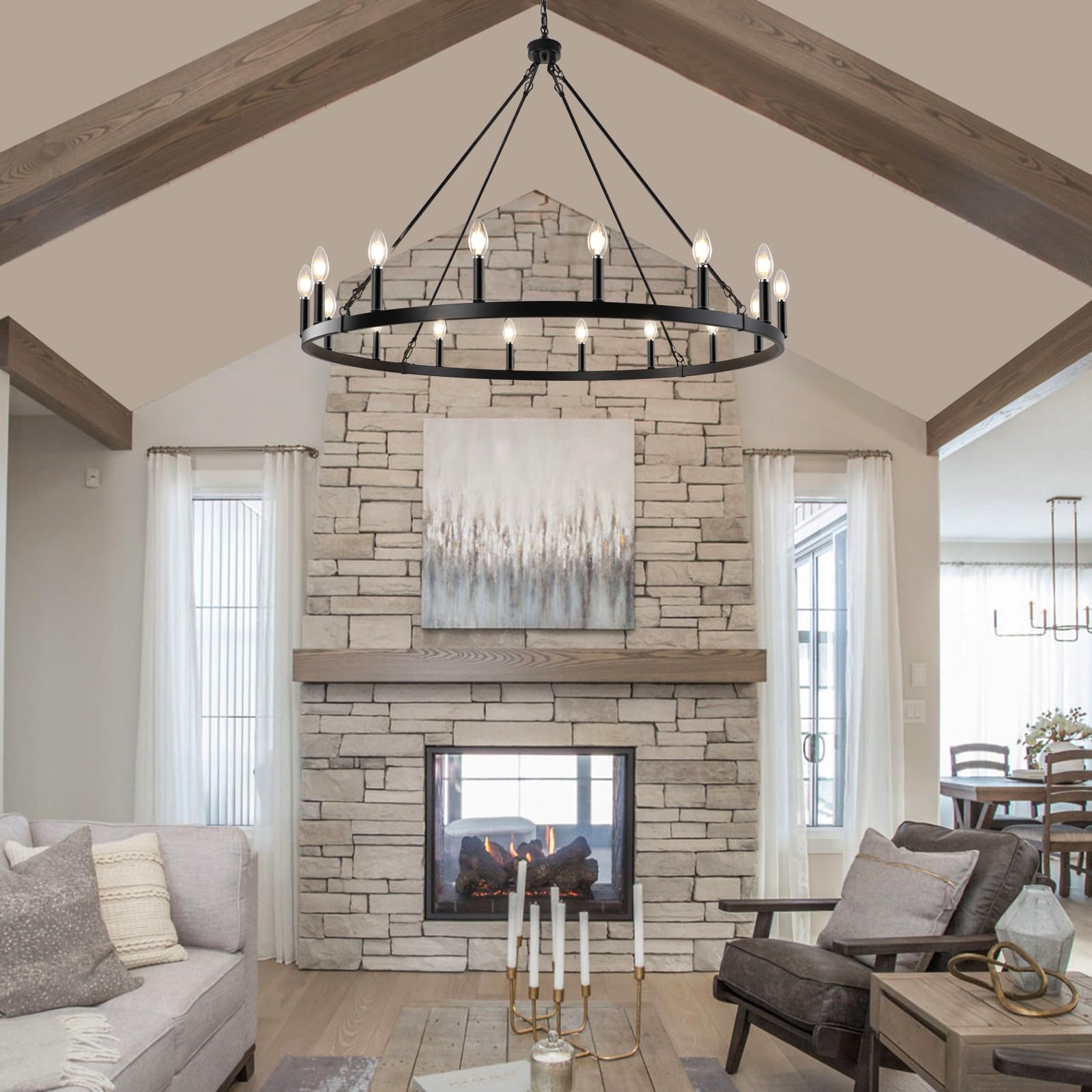 LynPon 16 Lights Black Wagon Wheel Chandelier, 47" Large Industrial ...