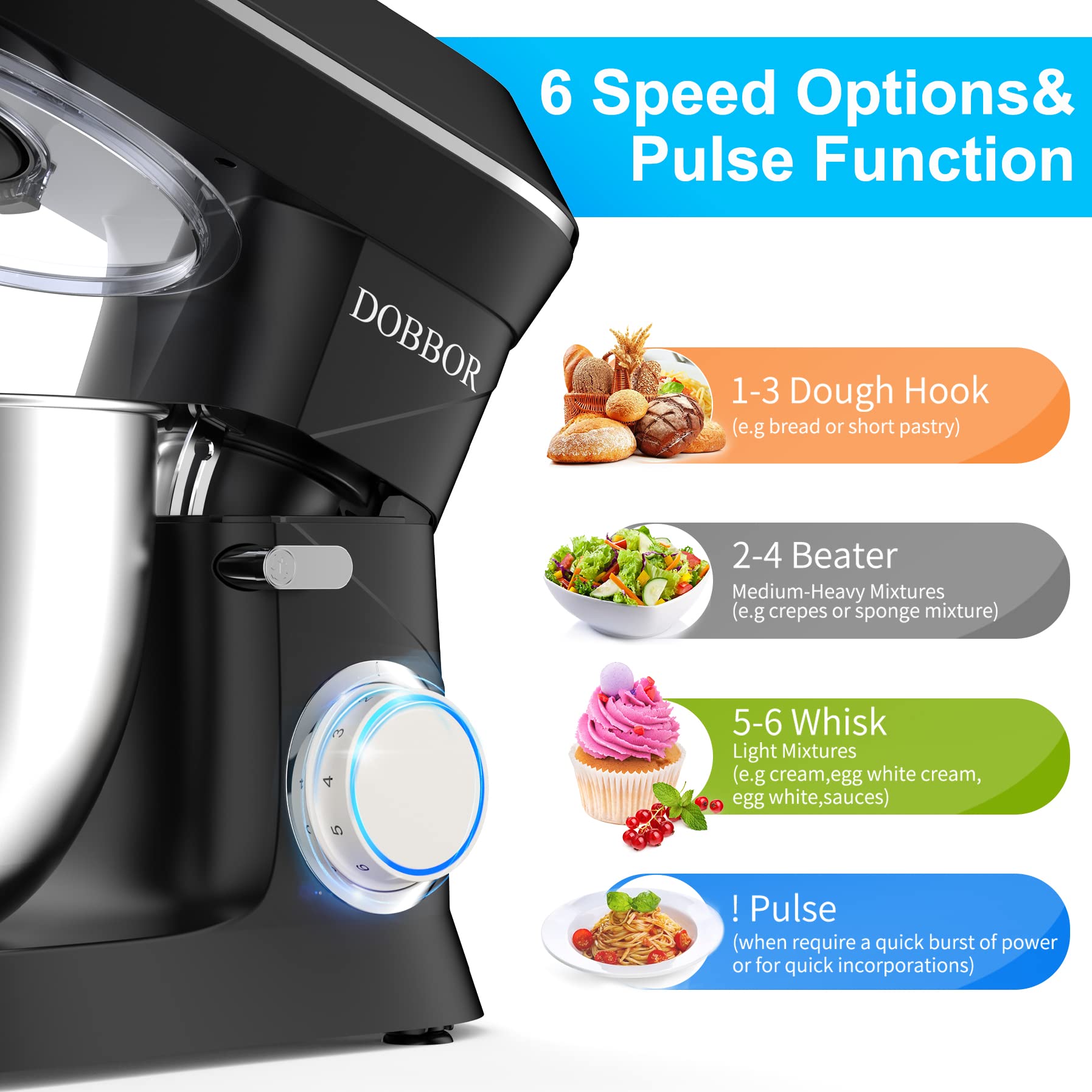 9.5QT Stand Mixer, DOBBOR 660W 7 Speeds Tilt-Head Kitchen Mixers, Food ...