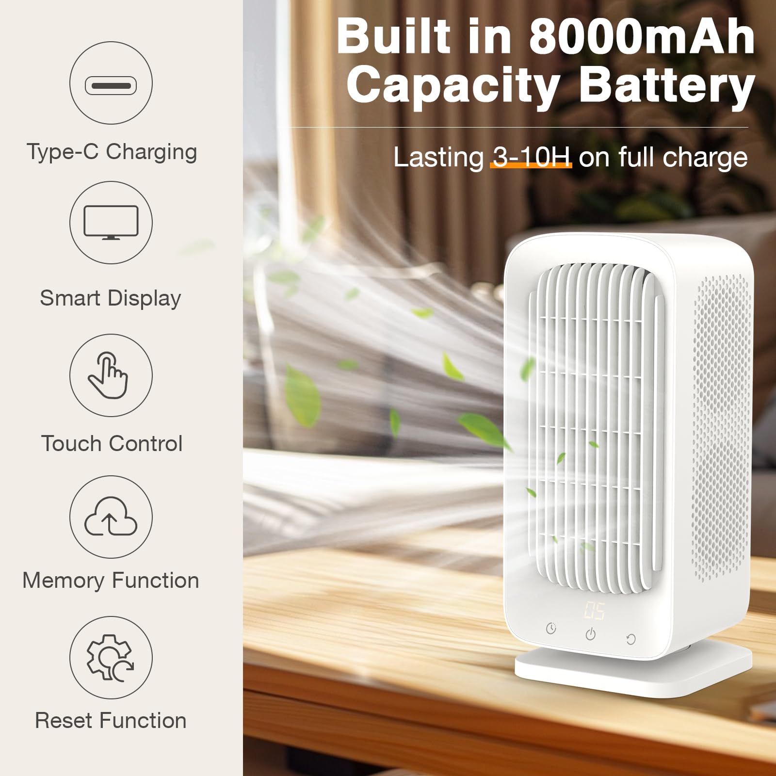 Mini Tower Fan Rychi 8000mAh Battery Operated Tower Fan, 45/90 ...