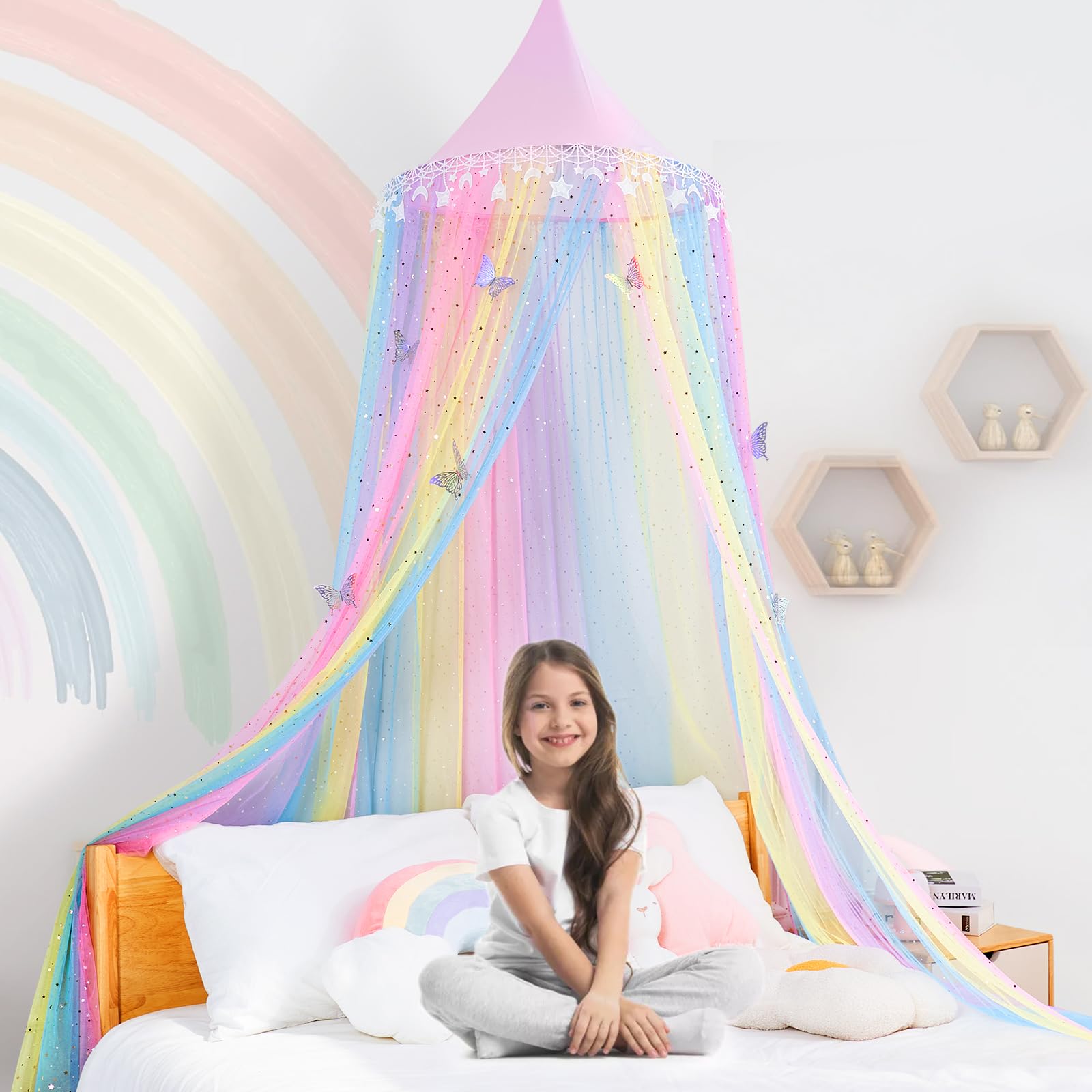 Amazon.com: STAOLENE Rainbow Bed Canopy for Girls Room with Butterfly ...