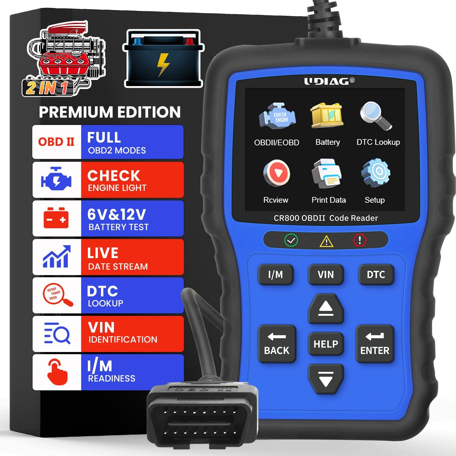 UDIAG CR800 OBD2 Scanner Battery Tester 2 in 1, OBD2 Scanner Diagnostic ...