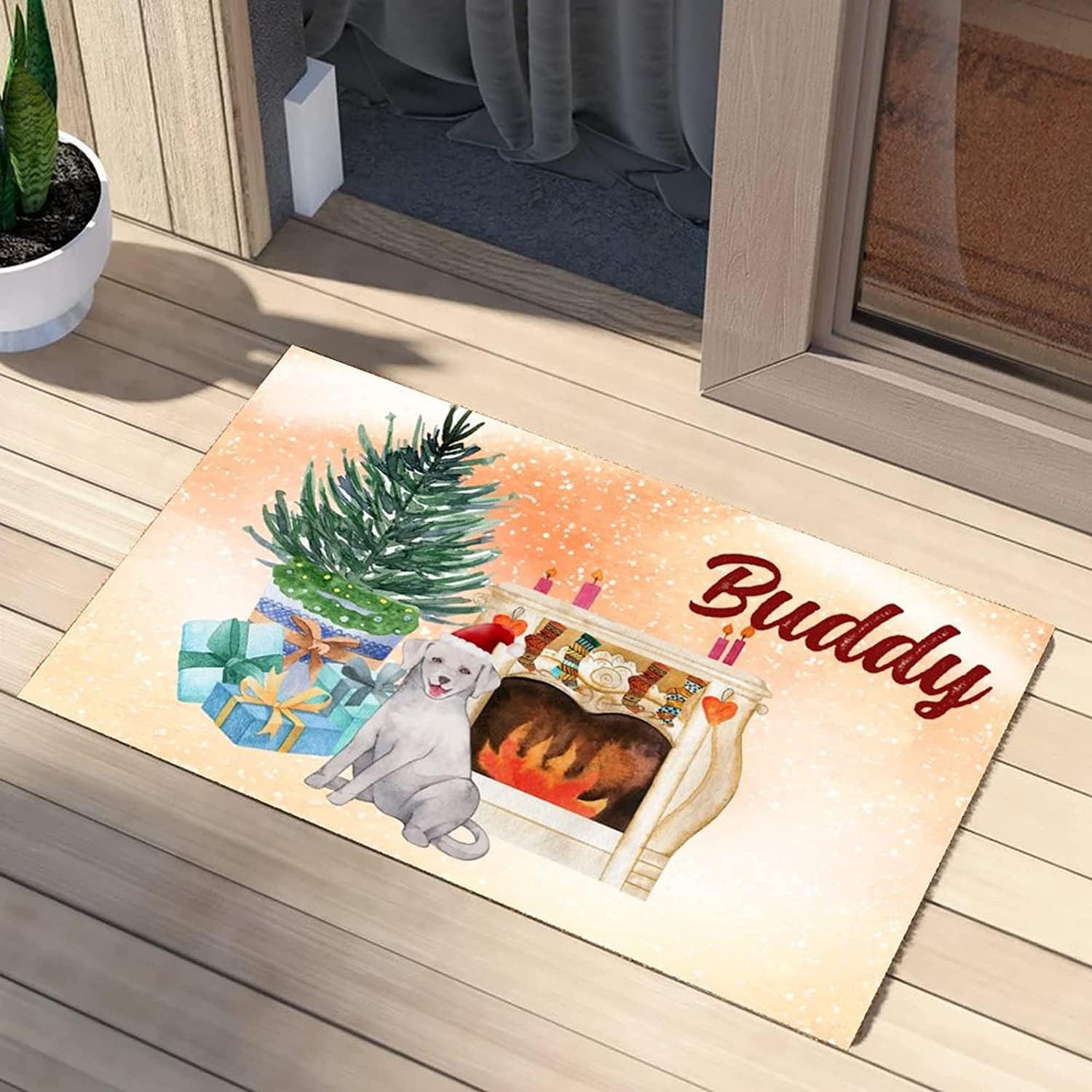 Amazon.com: FHTHKA Personalized Christmas Dogs Welcome Mat Inside ...
