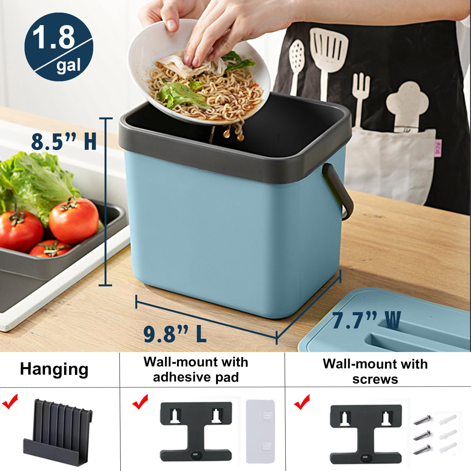 Snapklik.com : Compost Bin Kitchen, 7L Wall-Mounted Under Sink Small ...
