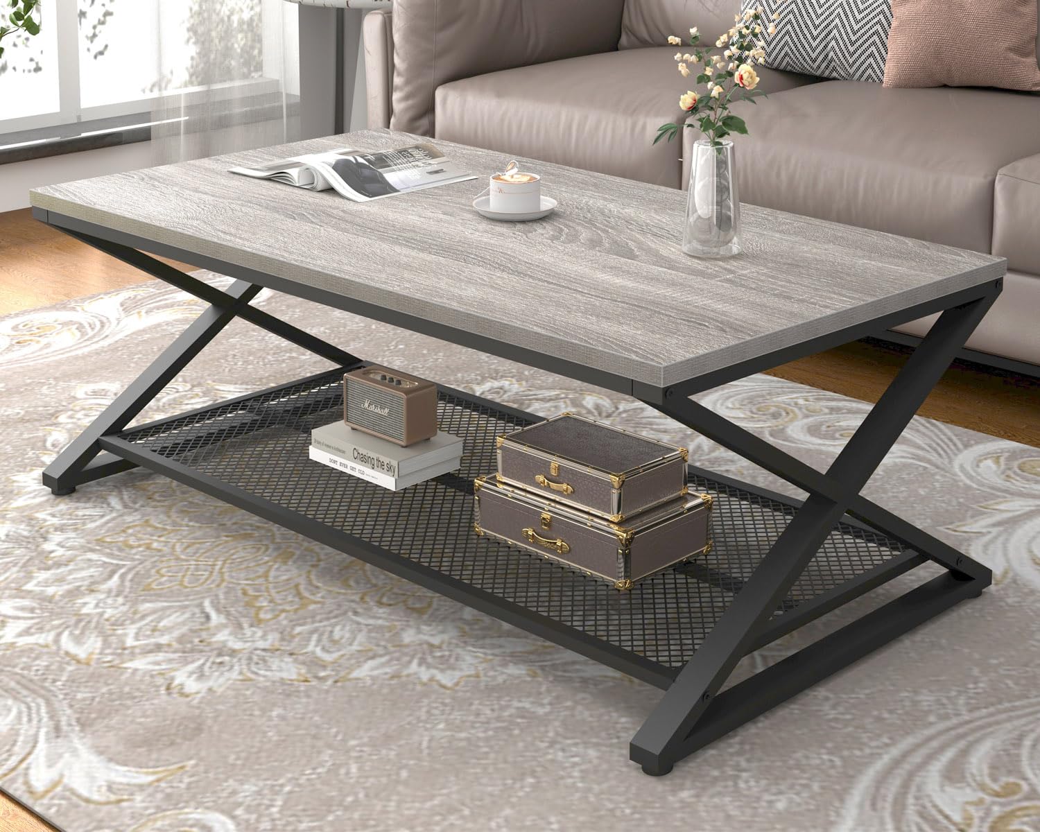 Amazon.com: LVB Gray Coffee Table, Farmhouse Wood Metal Center Table ...