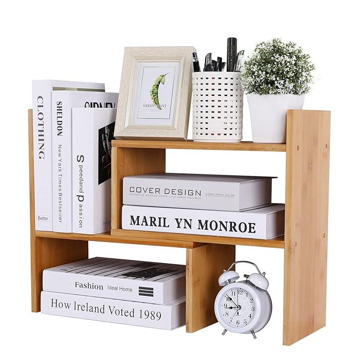 Buy Desk Shelf Organizer, Adjustable Bamboo Desktop Shelve Bookshelf ...
