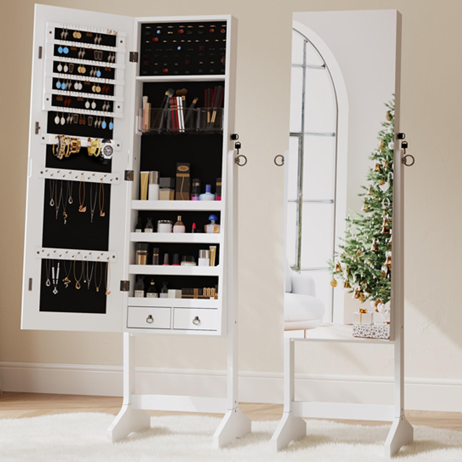 Dripex White Jewelry Cabinet Mirror, Free Standing Dressing Mirror ...