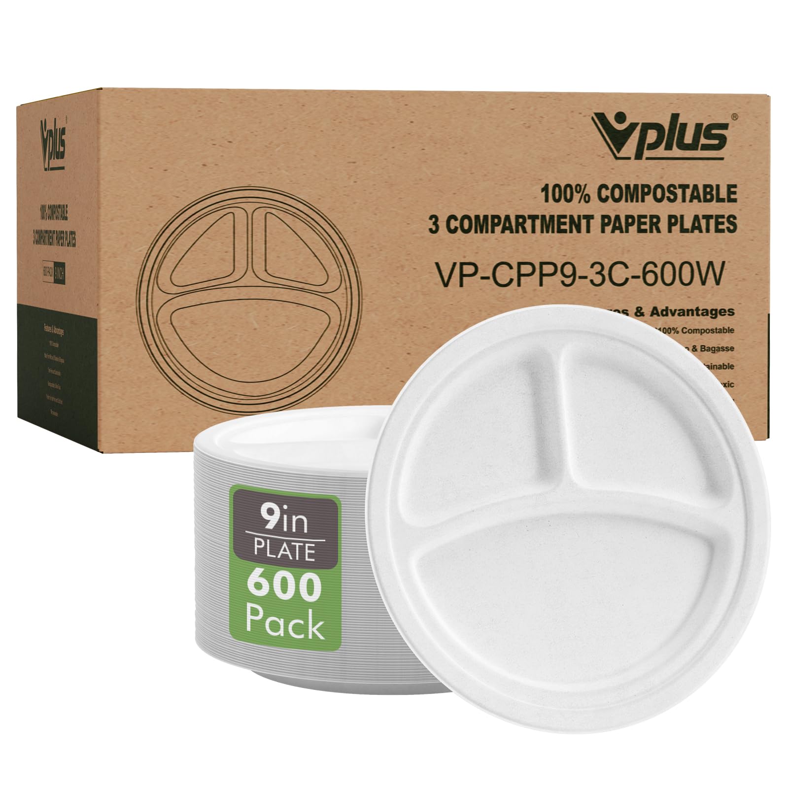 Amazon.com: Vplus 100% Compostable Paper Plates, 600 Pack 9 Inch 3 ...