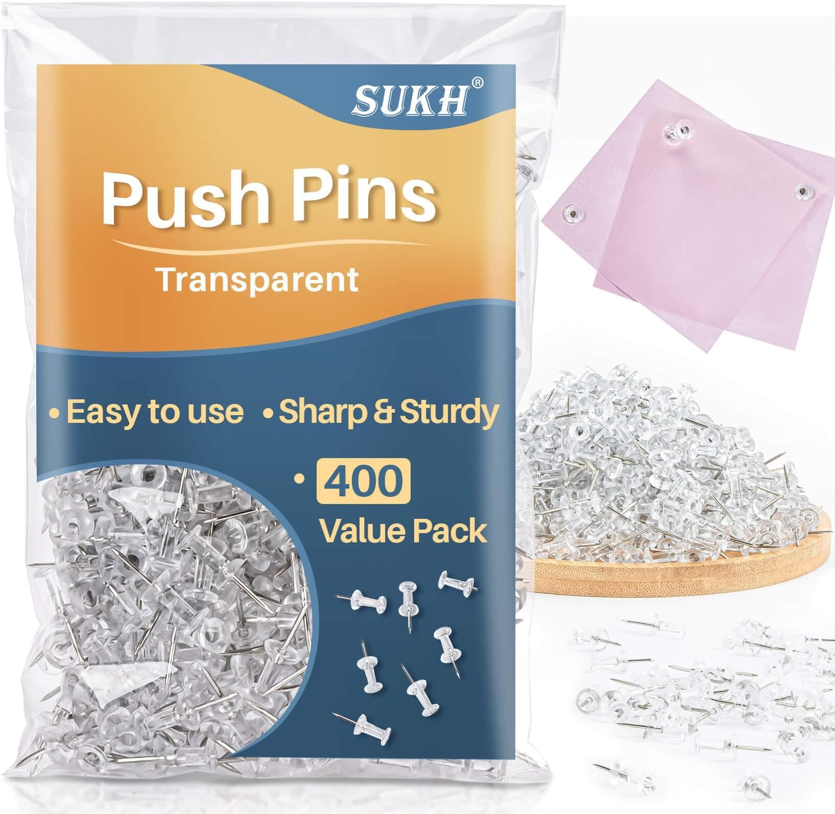 Amazon.com: Thumbnails Push Pins Tacks, Clear Plastic Top, Steel Point ...