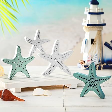 Amazon.com: 4 Pcs Wooden Starfish Table Decor Beach Block Sign Blue ...