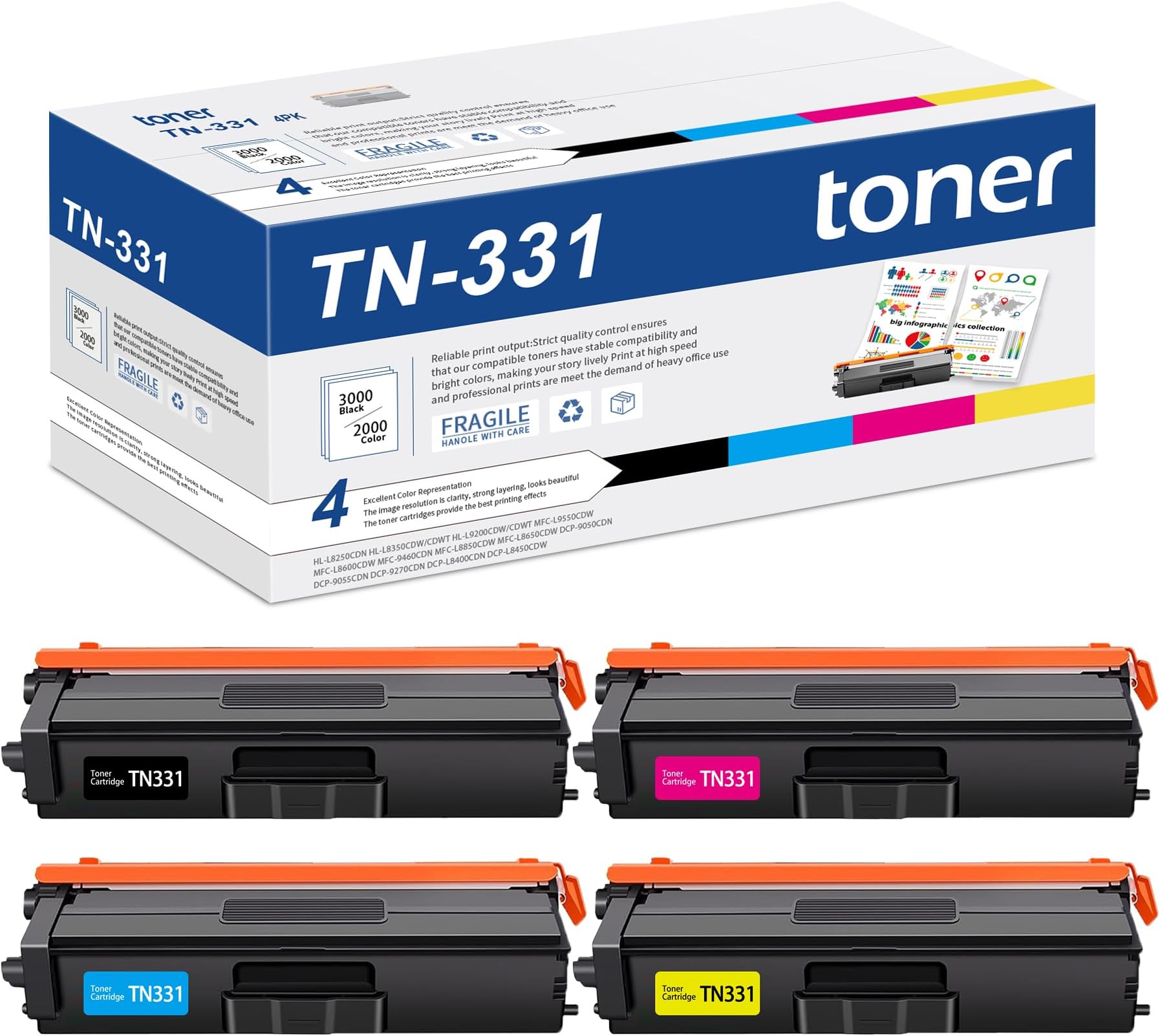 Amazon.com: TN331 TN-331 Toner Cartridges 4 Pack: Replacement for ...