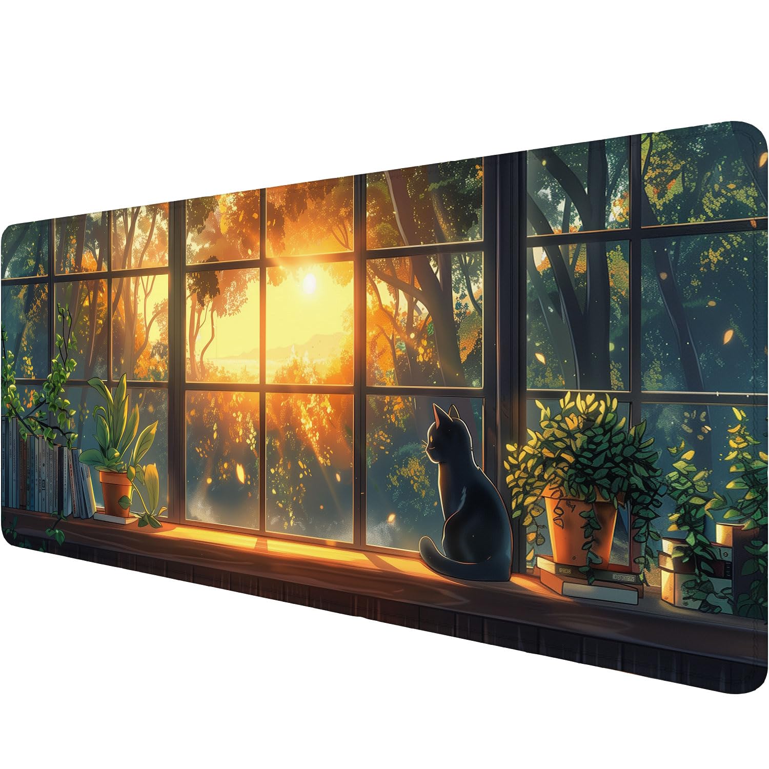 Amazon.com: Cute Black Cat Desk Pad Mouse Pad Green Plants Aesthetic ...
