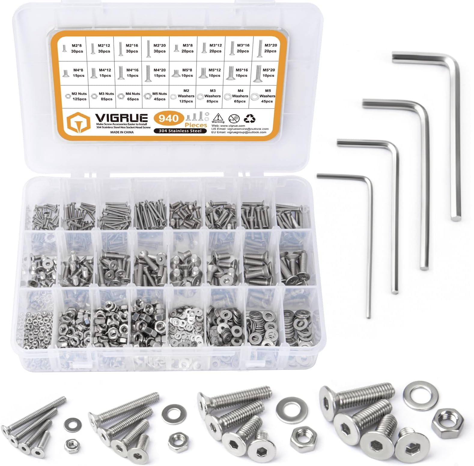 VIGRUE 940Stk M2 M3 M4 M5 Senkkopfschrauben Set, Hex flach-Knopf Schrauben Muttern Sortiment Set ...