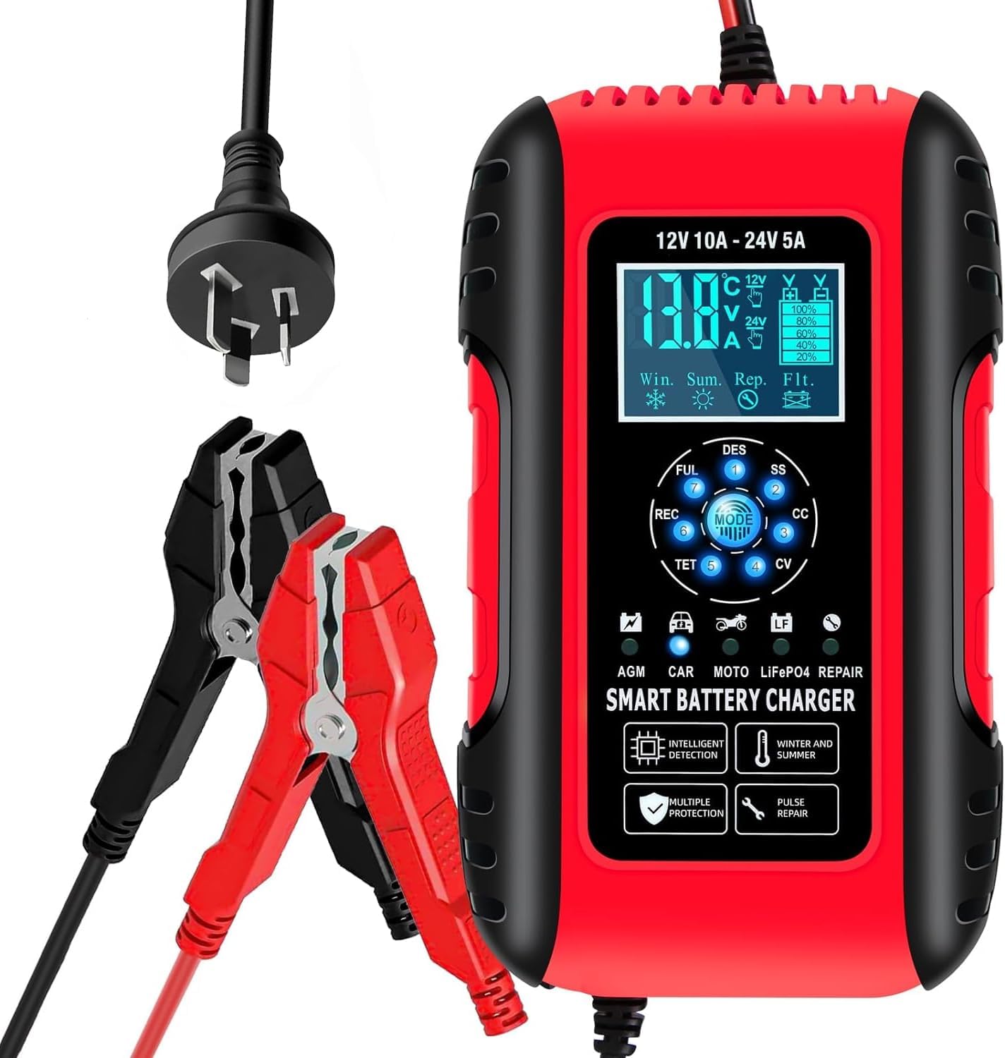 B-Qtech 10-Amp Car Battery Charger, 12V/24V Smart Fully-Automatic ...