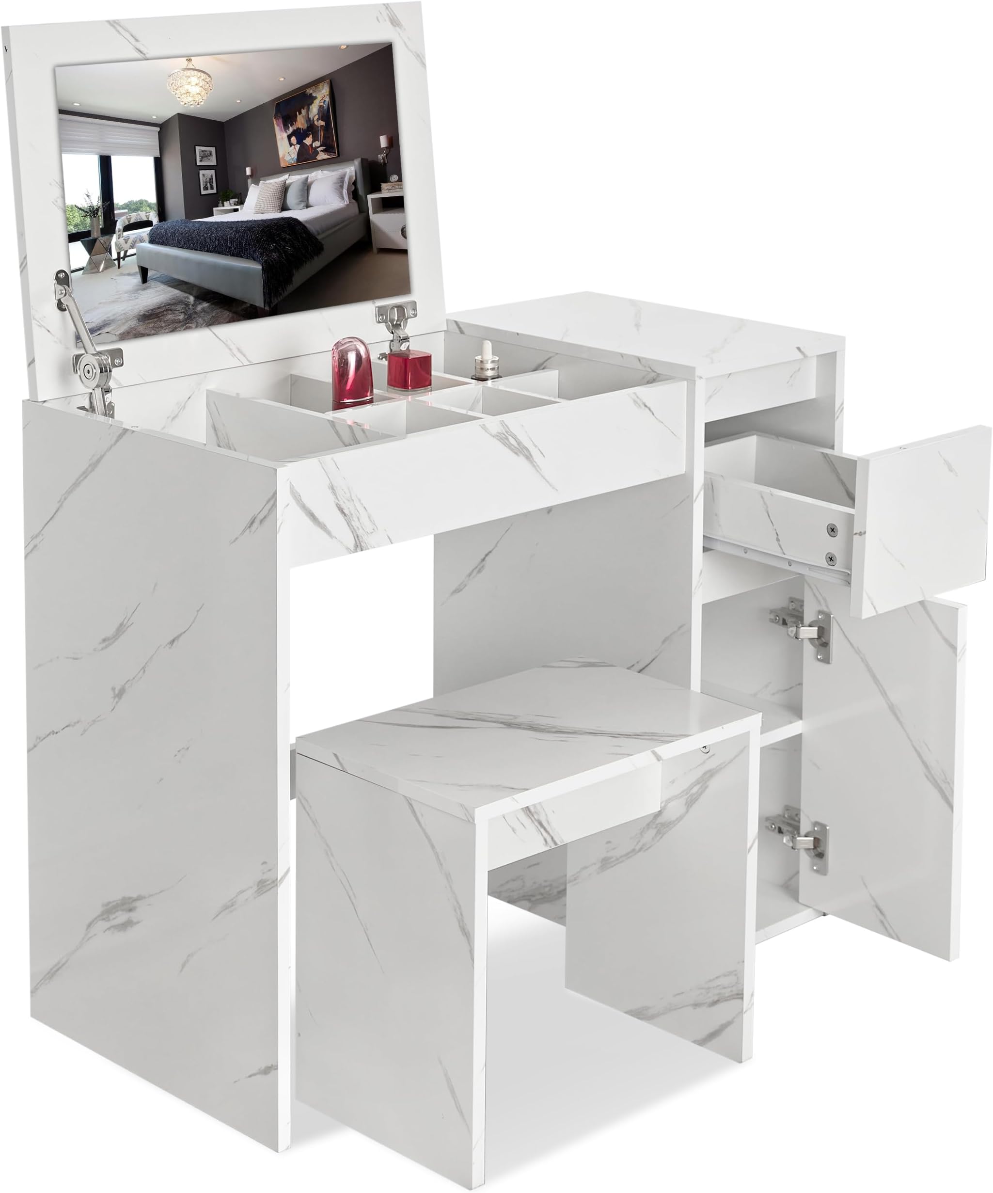 Blisswood Dressing Table With Mirror and Stool, Vanity Makeup Table, 4 ...
