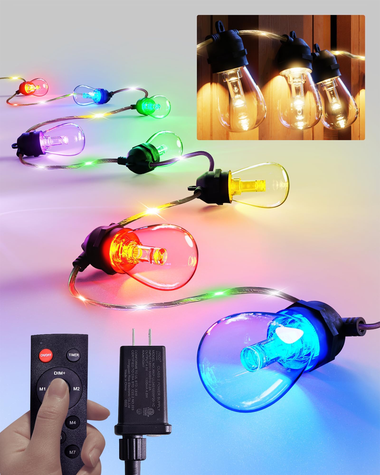 GreenClick Outdoor String Lights 41ft 20 Dimmable Bulbs+80 LED Beads ...