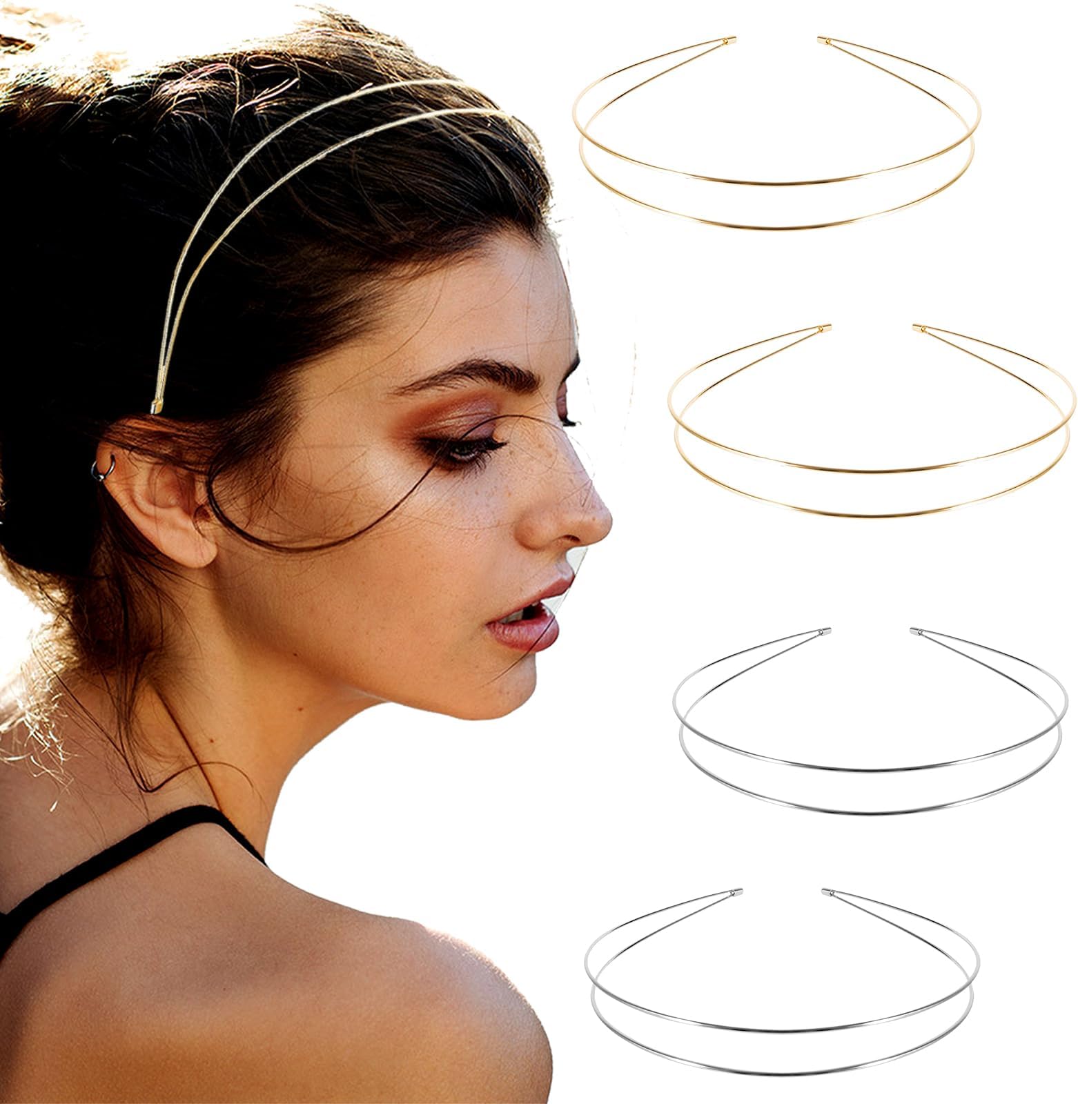 Amazon.com : QIXCOZTI Elegant 4 Pack Gold Metal Thin Hairbands. Elastic ...