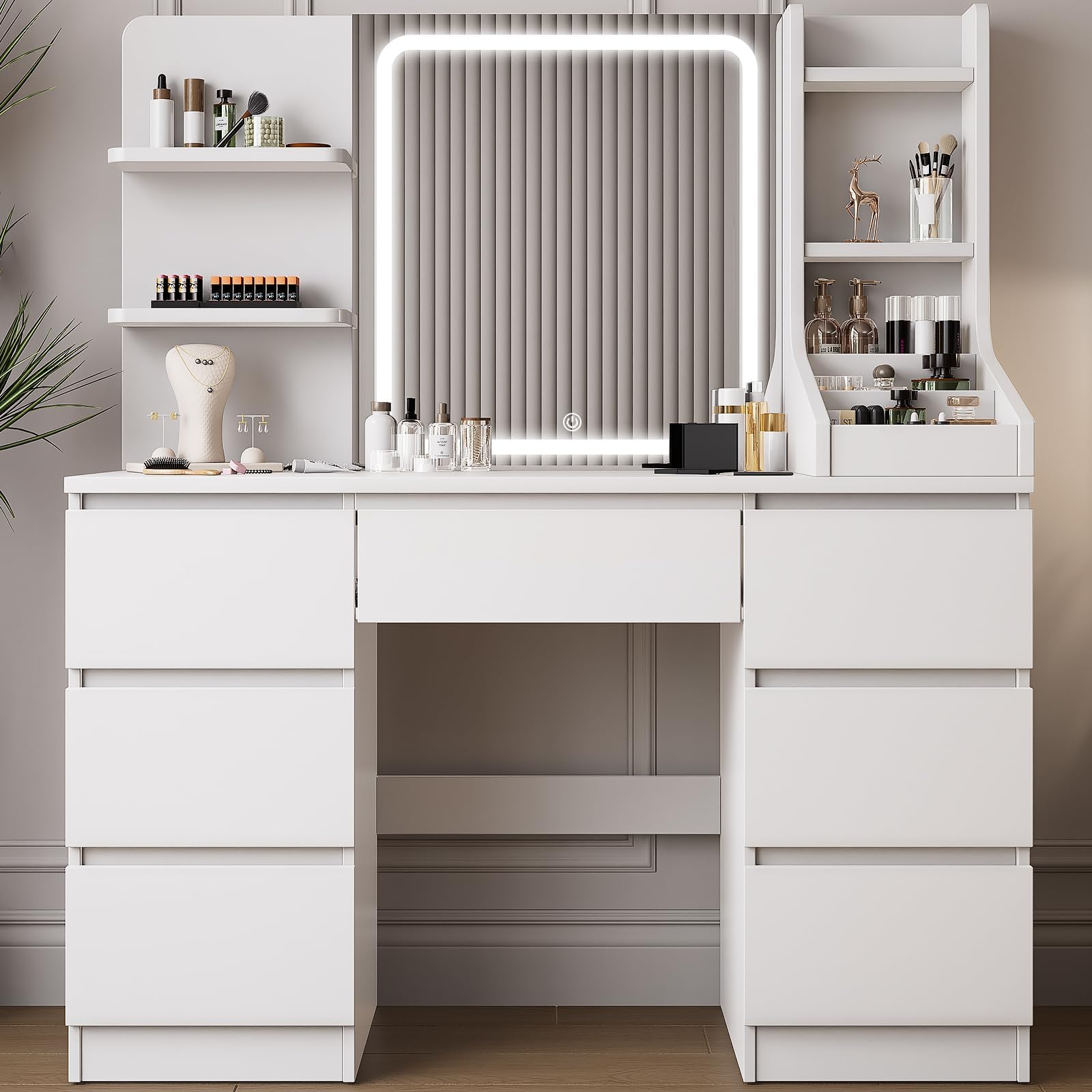 FIONESO 110cm Coiffeuse avec Grand Miroir LED, 3 Couleurs, Luminosité ...