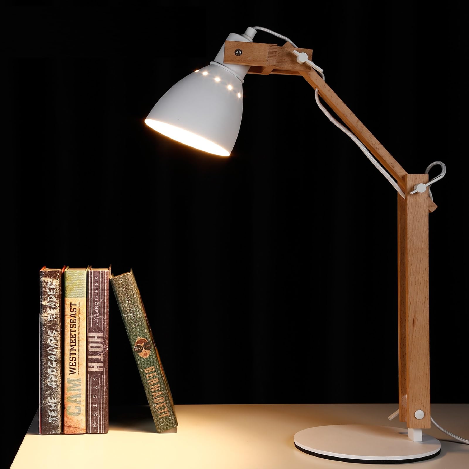 TORCHSTAR LED Swing Arm Desk Lamp, Wood Integrated Table Lamp, Heavy ...