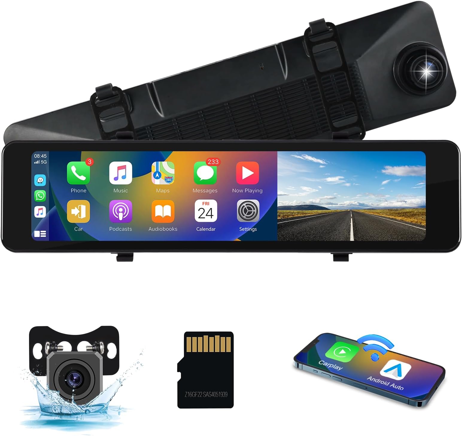 Amazon.com: Wireless Apple Carplay Android Auto Dash Cam Mirror, podofo ...