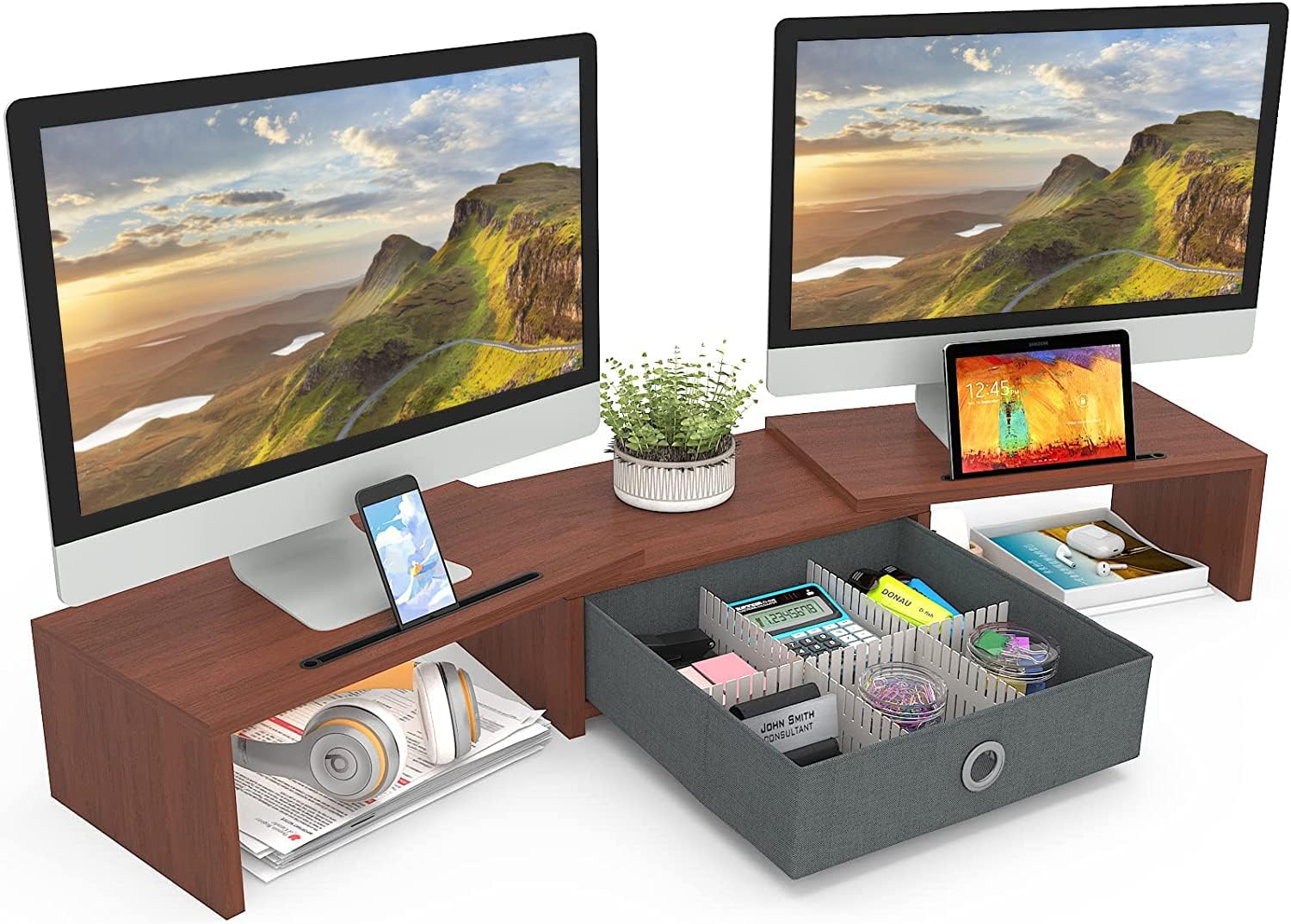Amazon.com: YAOHUOO Monitor Stand with Storage Drawer for 2 Monitors ...