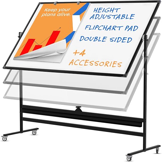 Mobile Whiteboard - 46x32 Large Height Adjust 360° Rolling Double Sided ...