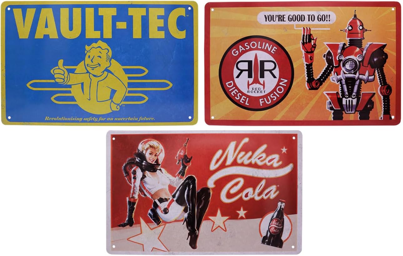 Fallout - Set di 3 targhe in latta con Vault Tec, Red Rocket, Nuka-Cola ...