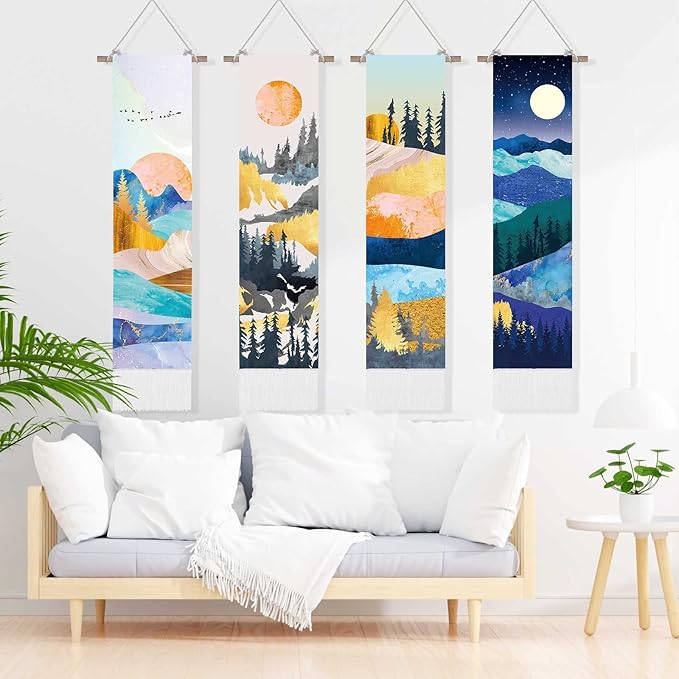 Amazon.com: 4 Pcs Mountain Tapestry Wall Hanging Forest Tree Tapestry ...